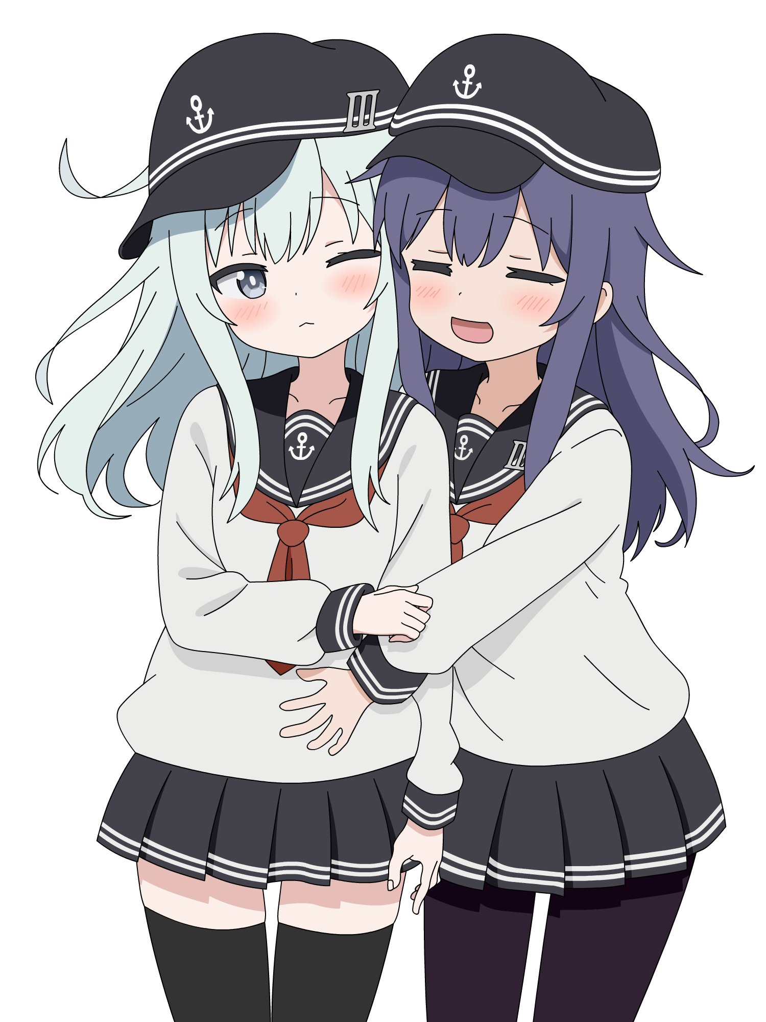 Safebooru - 2girls :d ahoge akatsuki (kancolle) anchor symbol black hat black pantyhose black ...