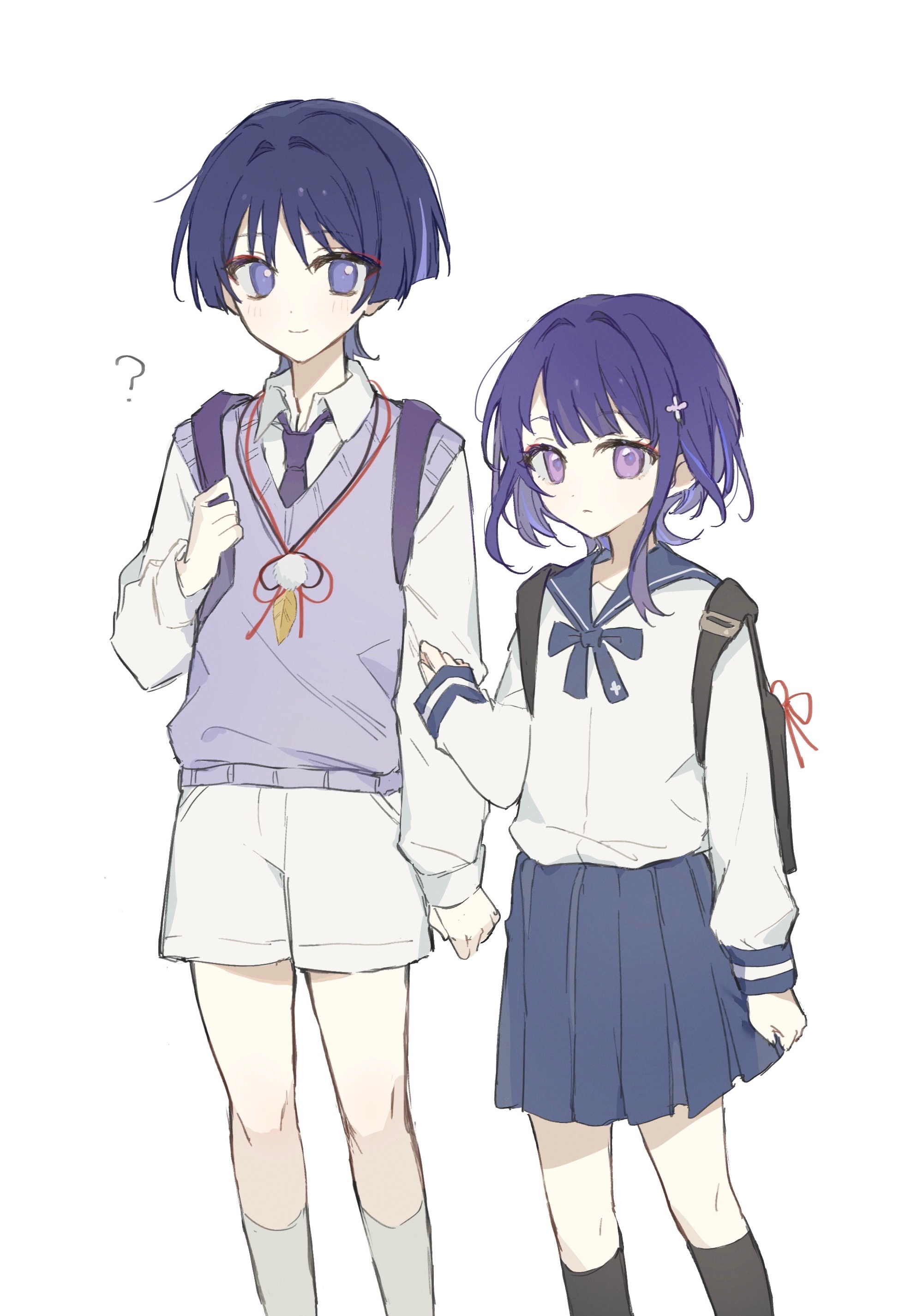 Safebooru - 1boy 1girl ? absurdres backpack bag black socks blue eyes blue hair blunt bangs ...