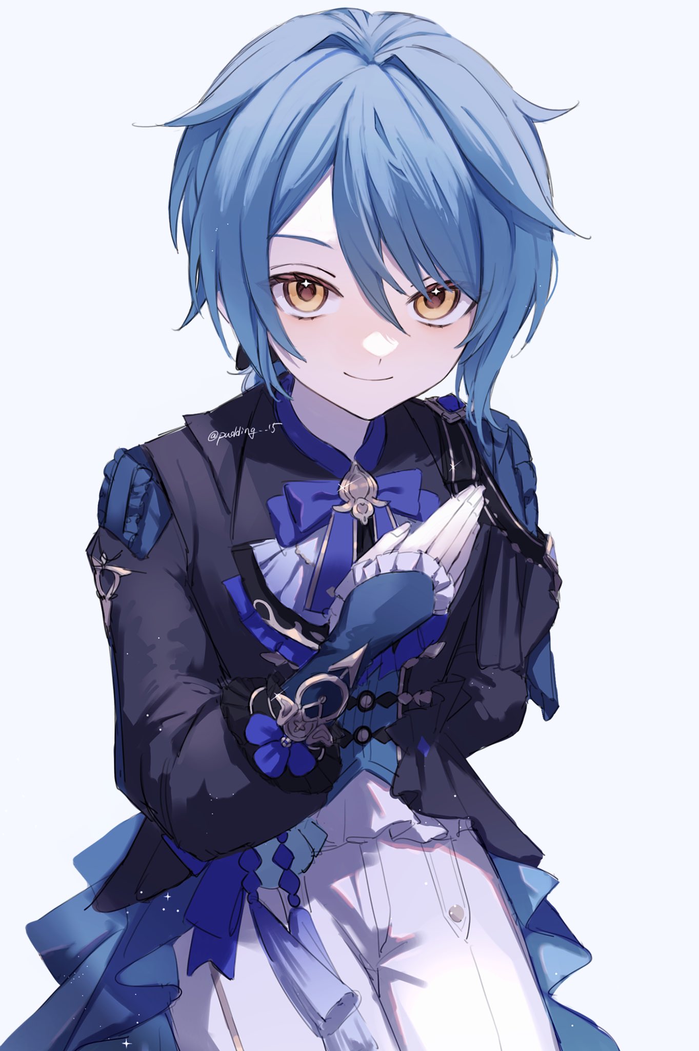Safebooru - 1boy aged down aqua sleeves arm behind back artist name bishounen black jacket blue ...