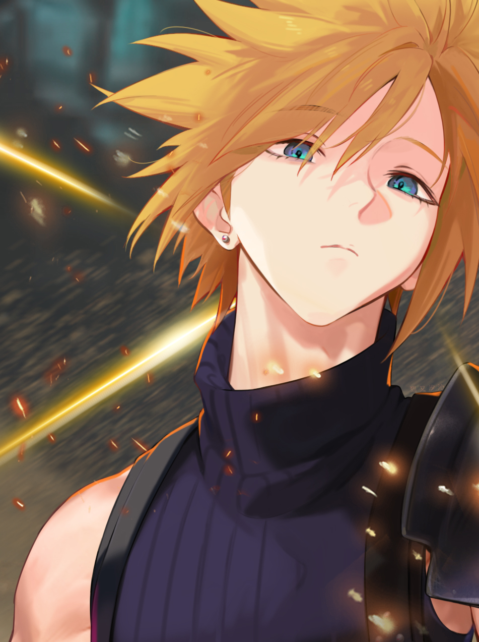 Safebooru - 1boy armor blonde hair blue eyes blurry blurry background closed mouth cloud strife ...