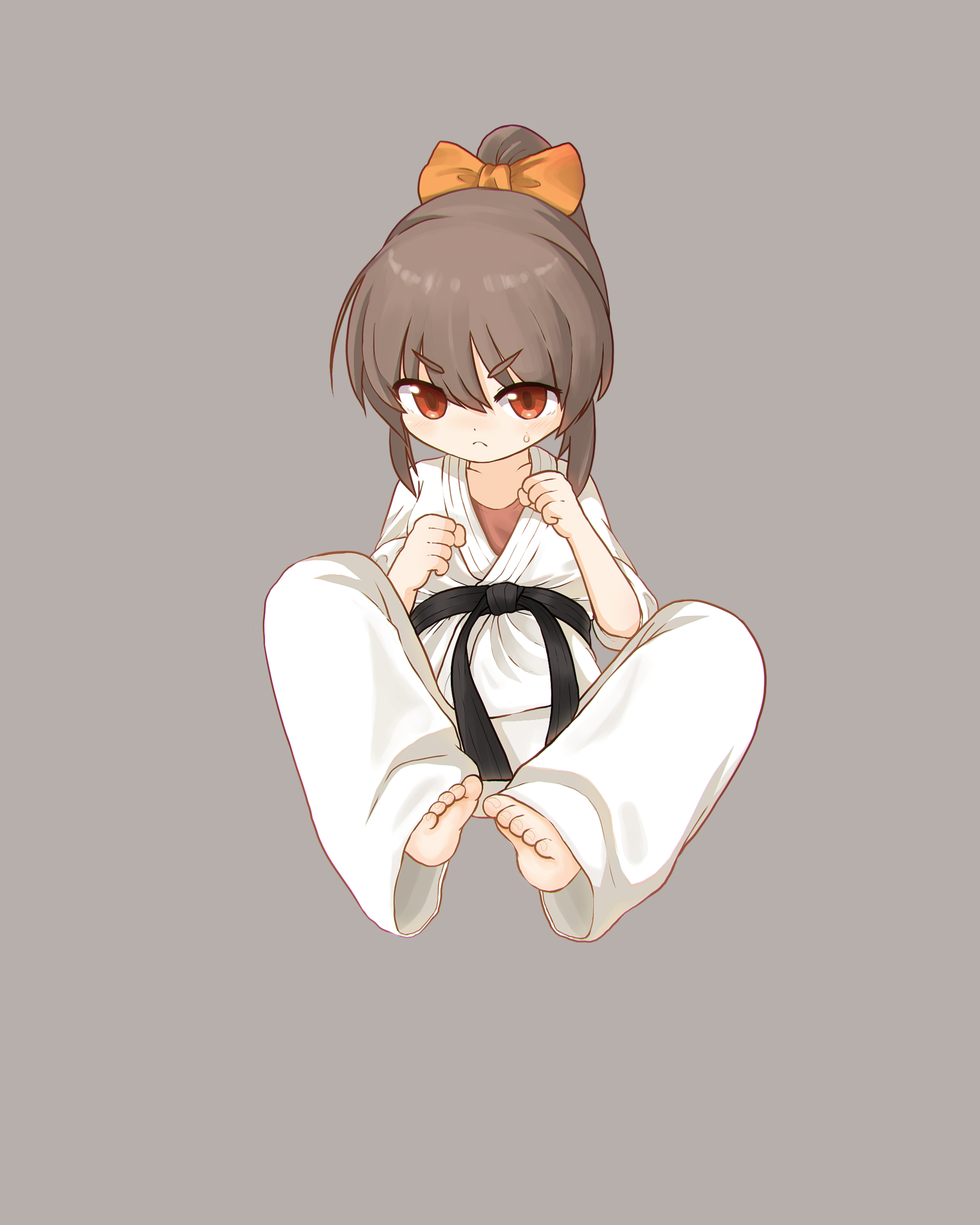 Safebooru - 1girl absurdres barefoot belt black belt bow brown hair chinese commentary clenched ...