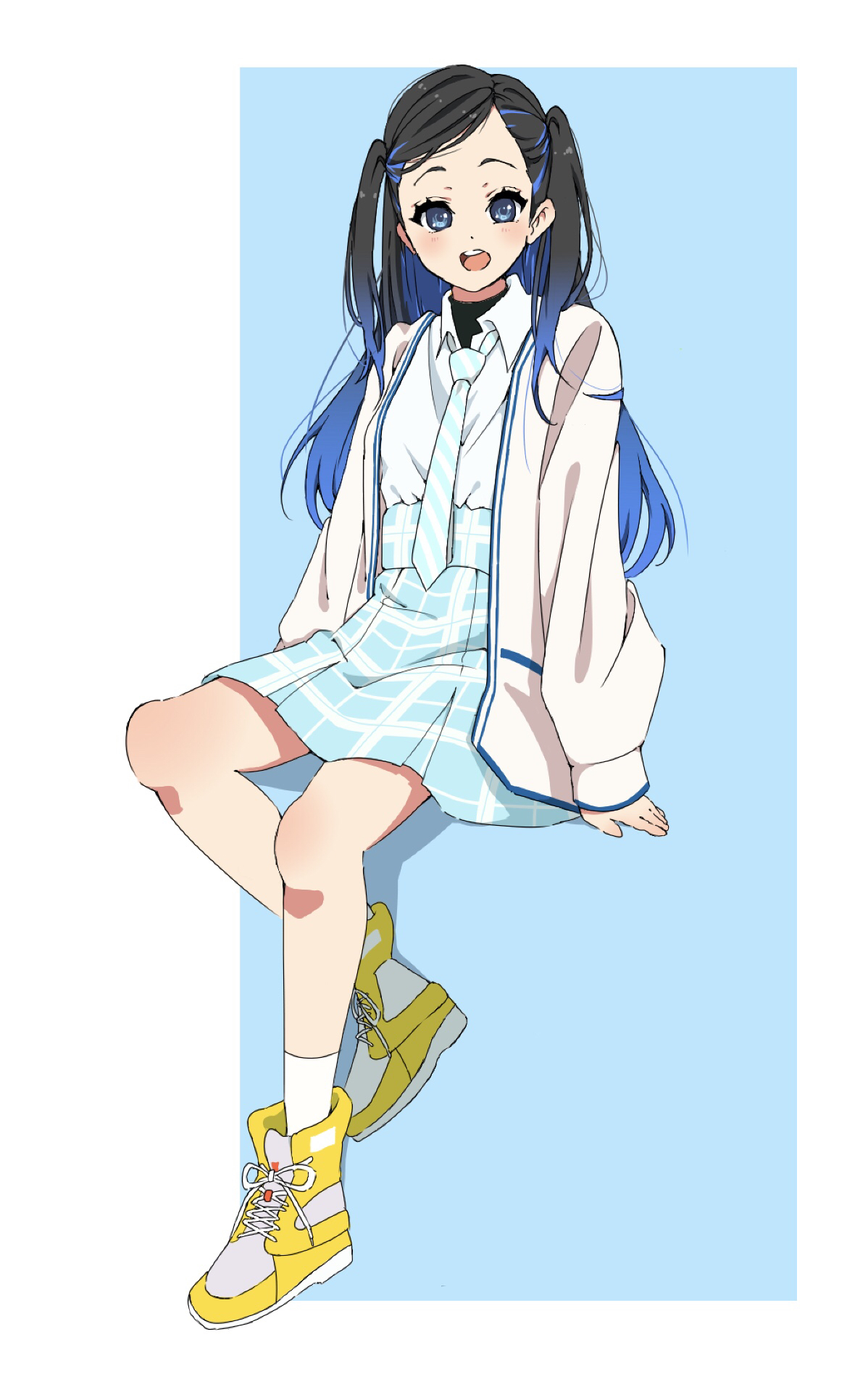 Safebooru - 1girl 22/7 aqua necktie aqua skirt black hair blue background blue eyes blue hair ...