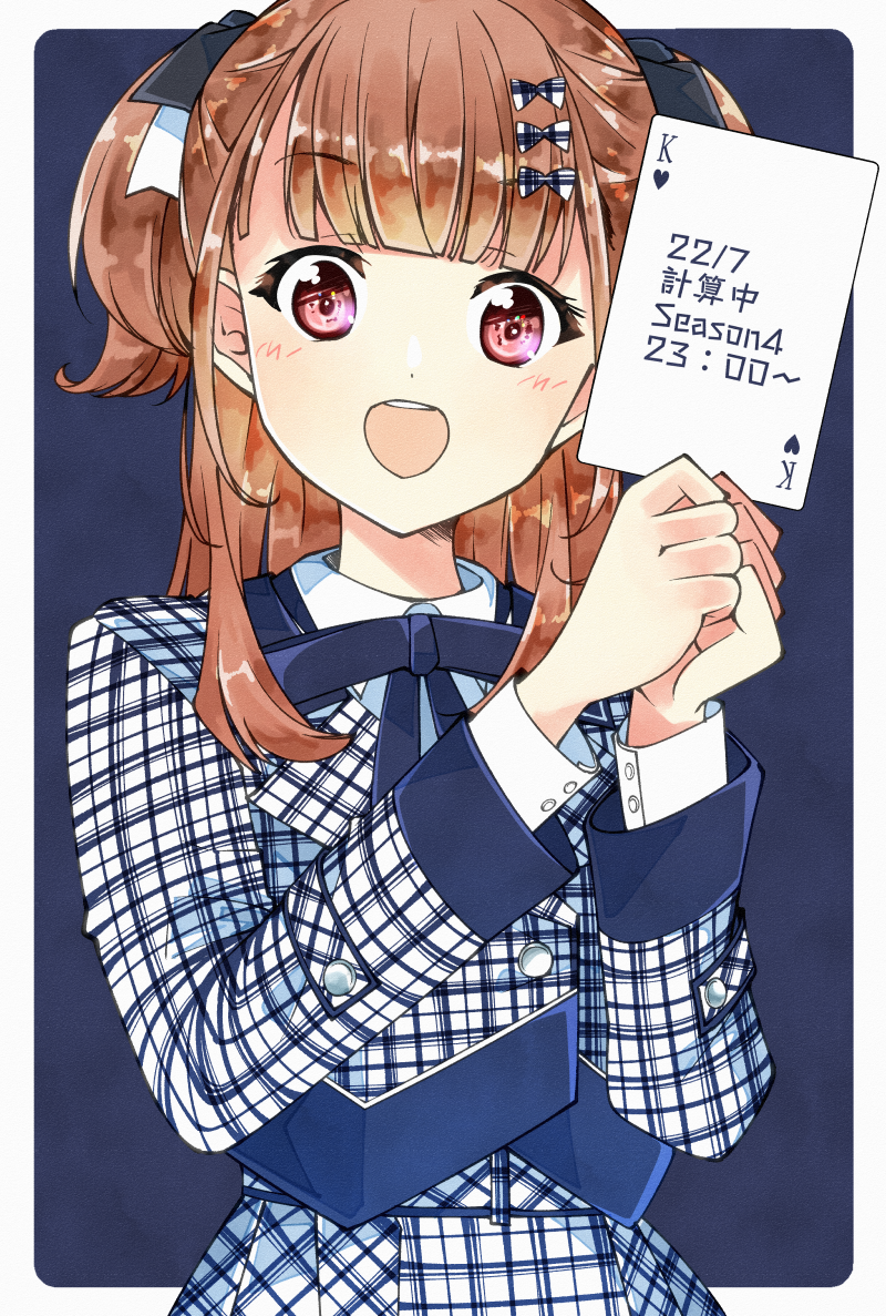 Safebooru - 1girl 22/7 :d black bow blue background blue bow blue bowtie border bow bowtie brown ...