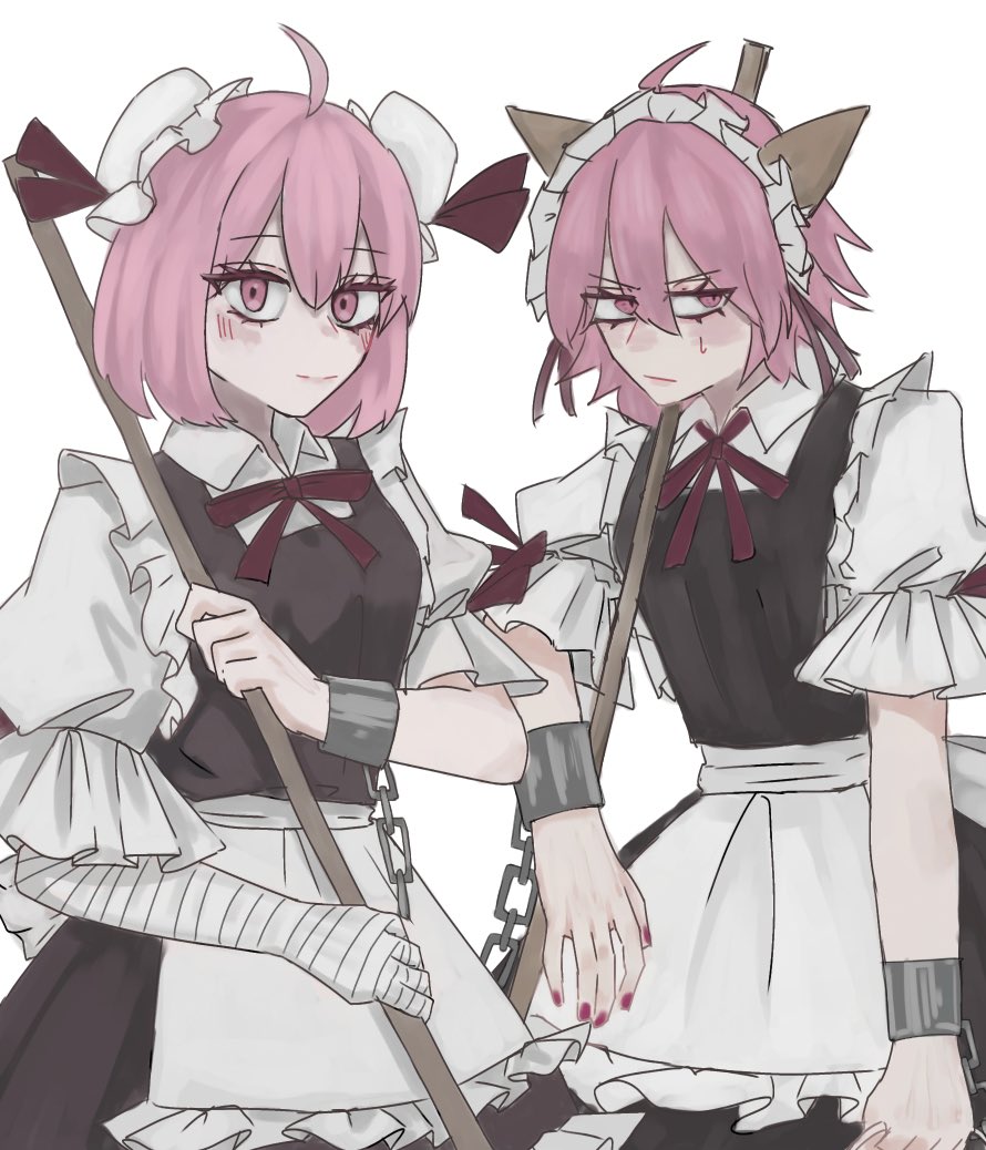 Safebooru - 2girls :/ ahoge alternate costume apron asunn sub bandaged arm bandages black dress ...