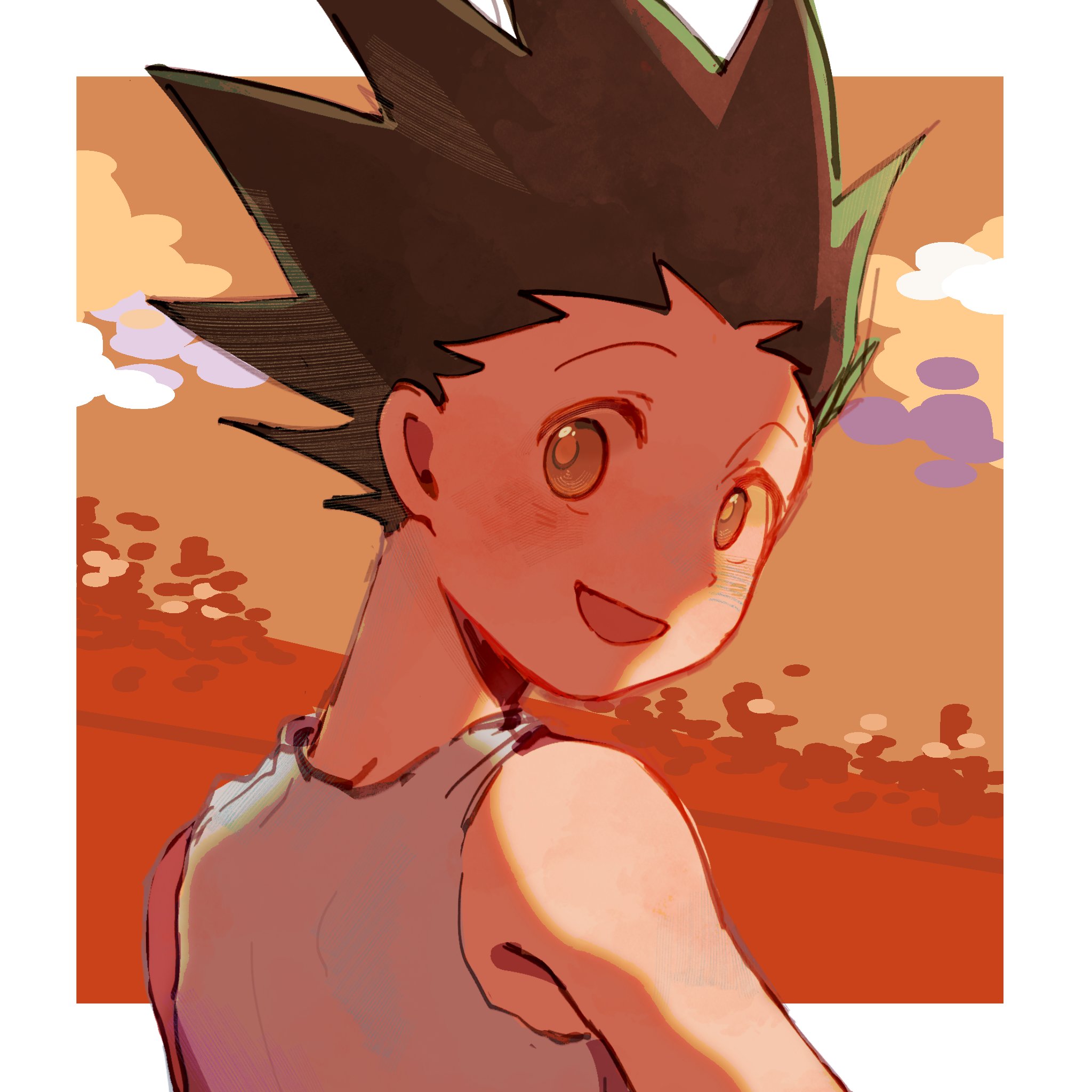 Safebooru - 1boy :d black hair border bright pupils from behind gon ...