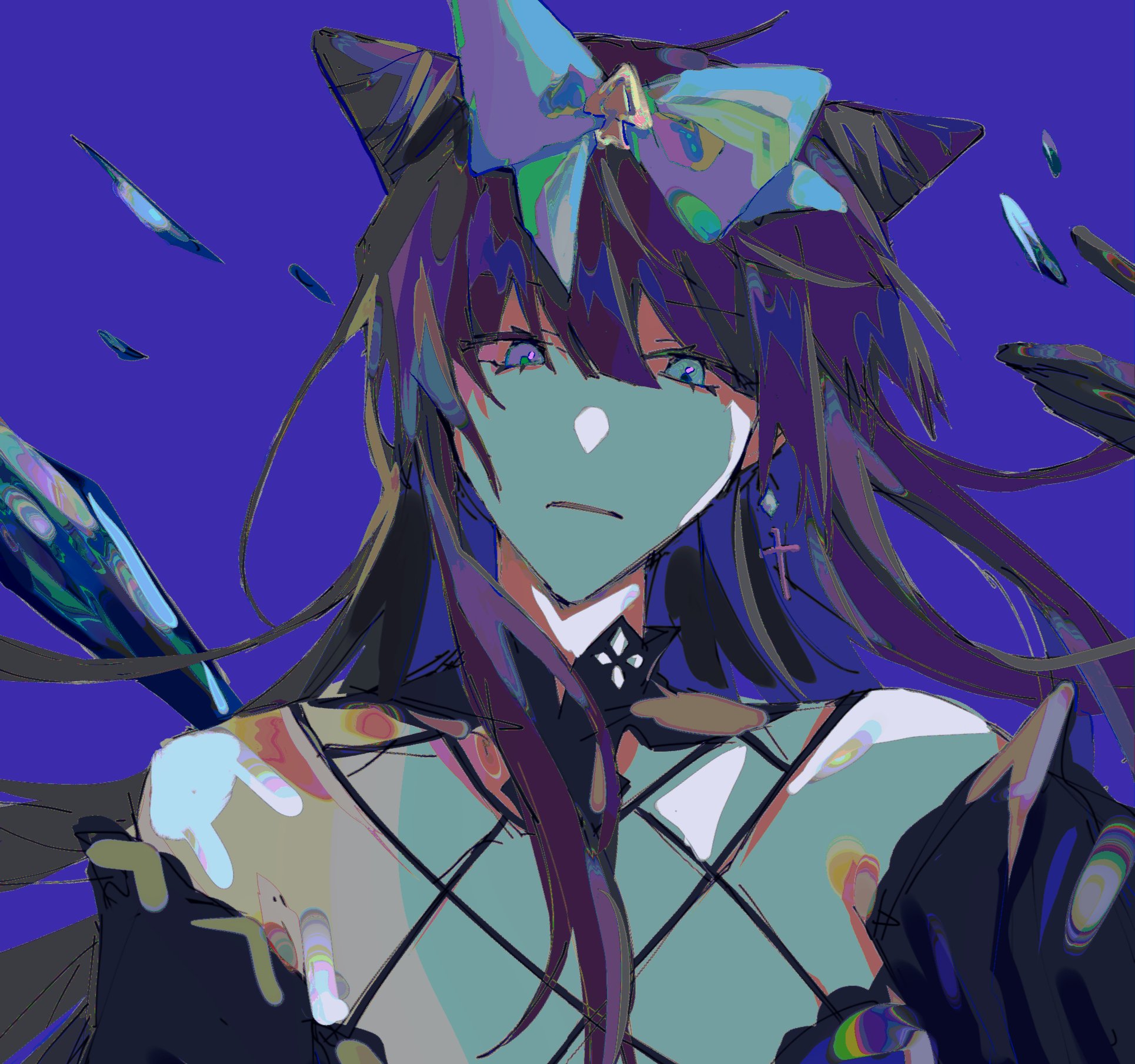 Safebooru - 1girl arcaea bare shoulders black collar black gloves black hair black shirt blue ...