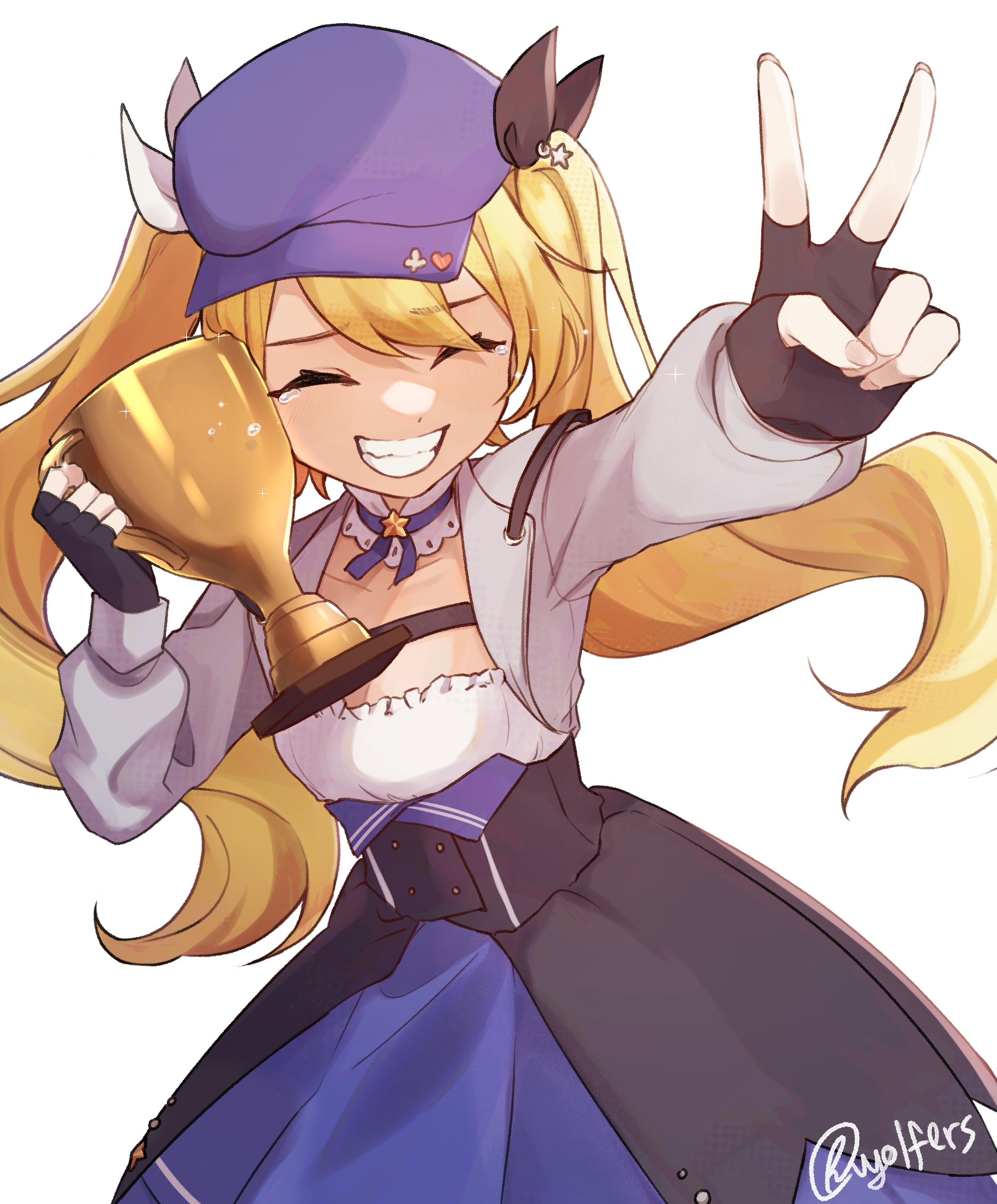 Safebooru - 1girl ^ ^ absurdres baseball cap black gloves blonde hair blue baseball cap blue ...