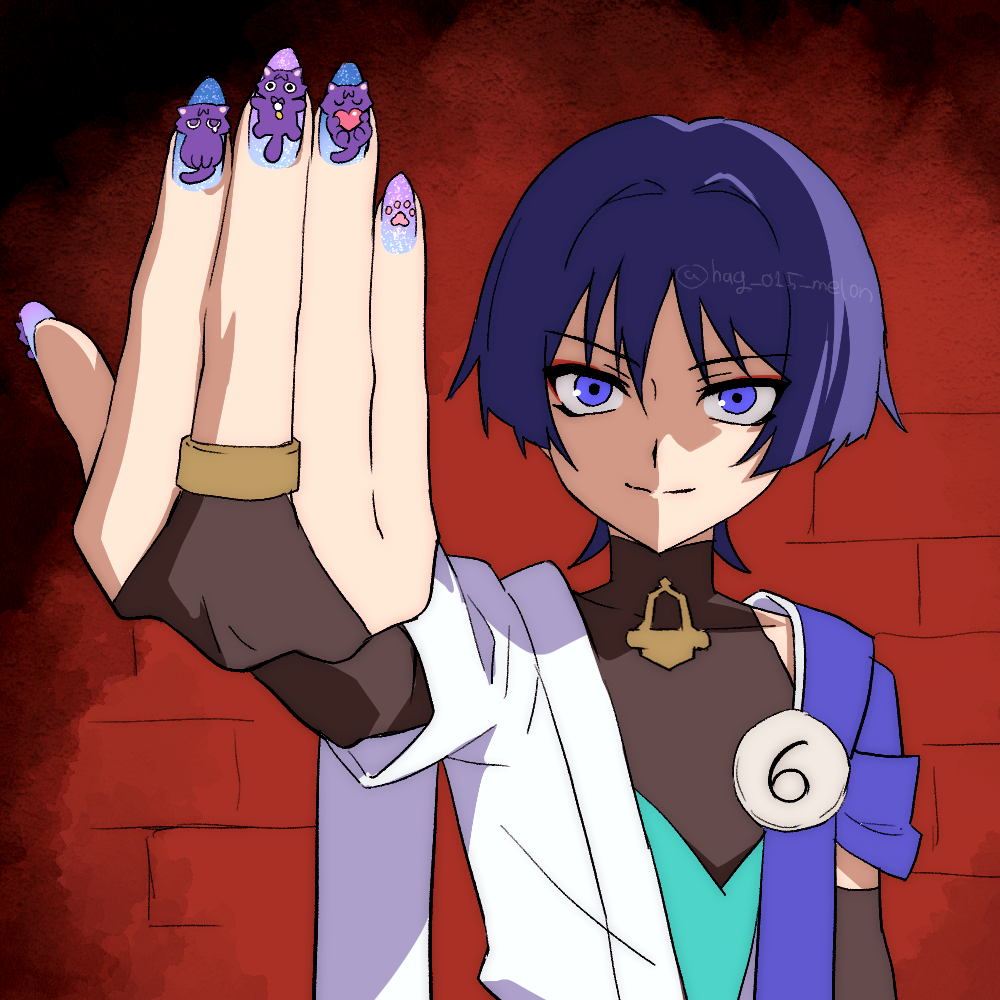 Safebooru - 1boy armor blue eyes blue nails brick wall closed mouth ...