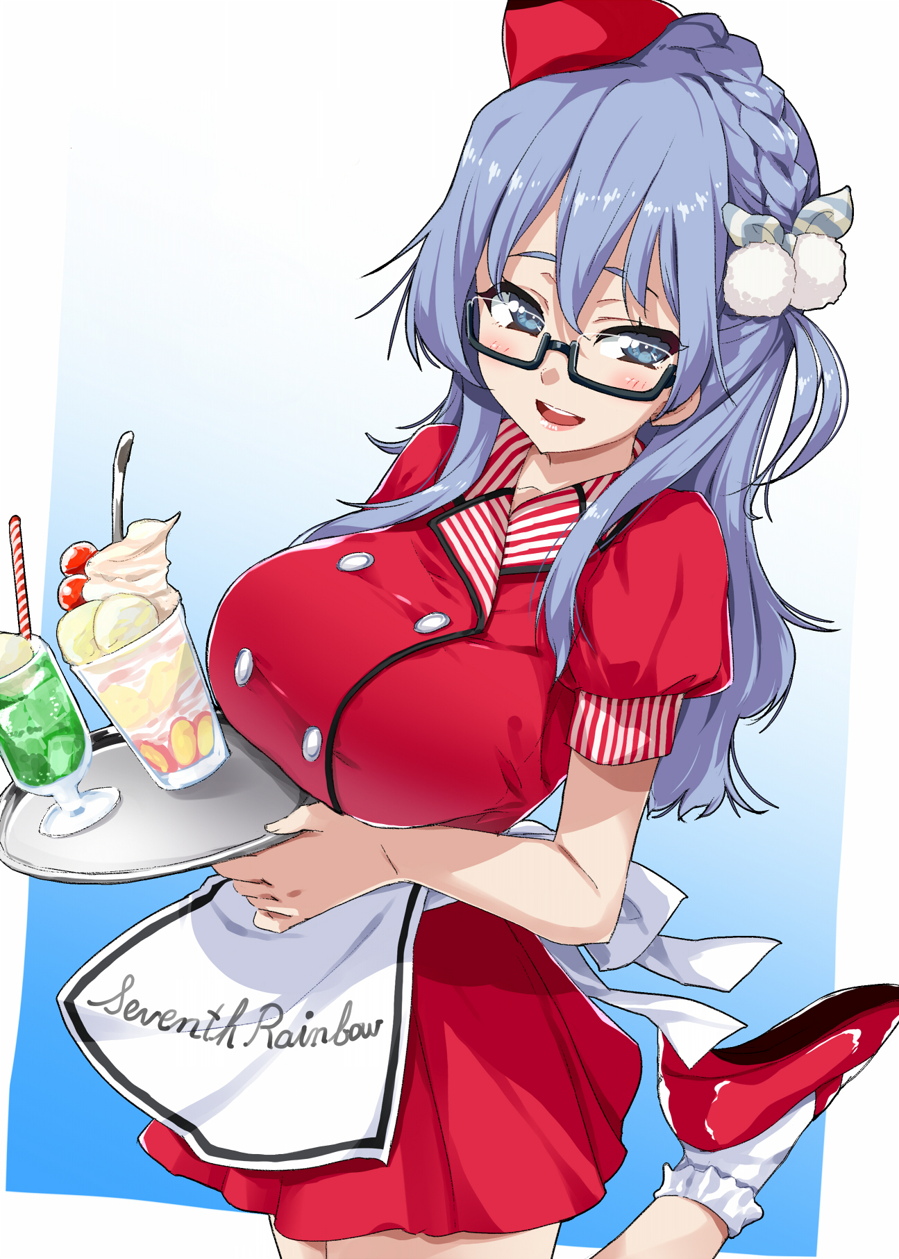 Safebooru - 1girl 22/7 black-framed eyewear blue background blue eyes blue hair border braid ...