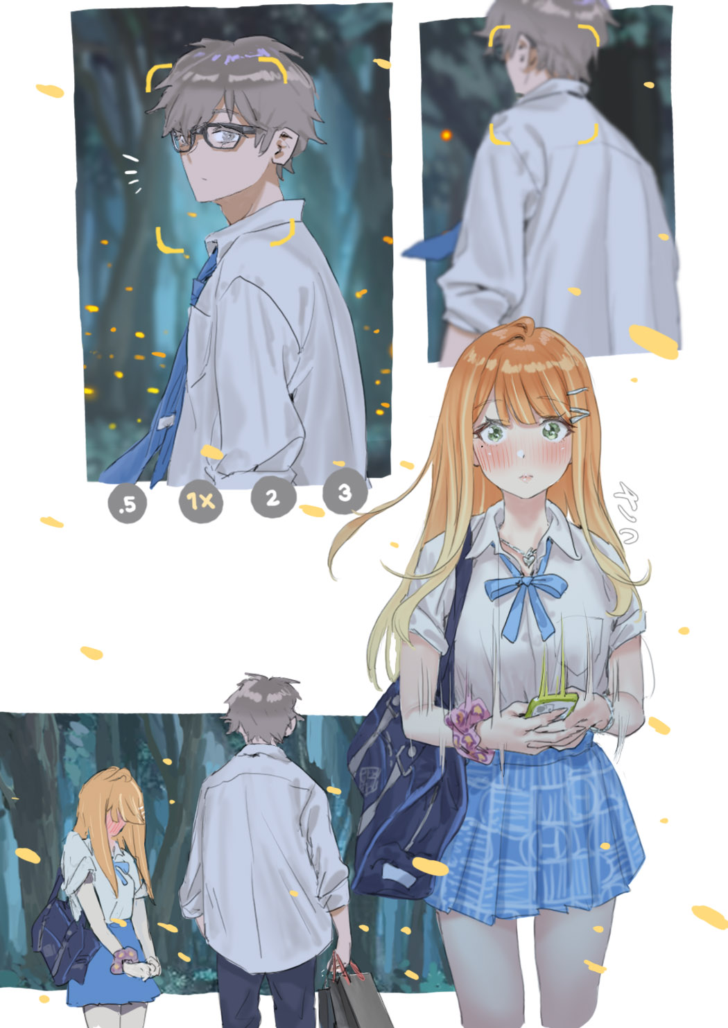 Safebooru - 1boy 1girl averting eyes bag black-framed eyewear blue necktie blue ribbon blue ...