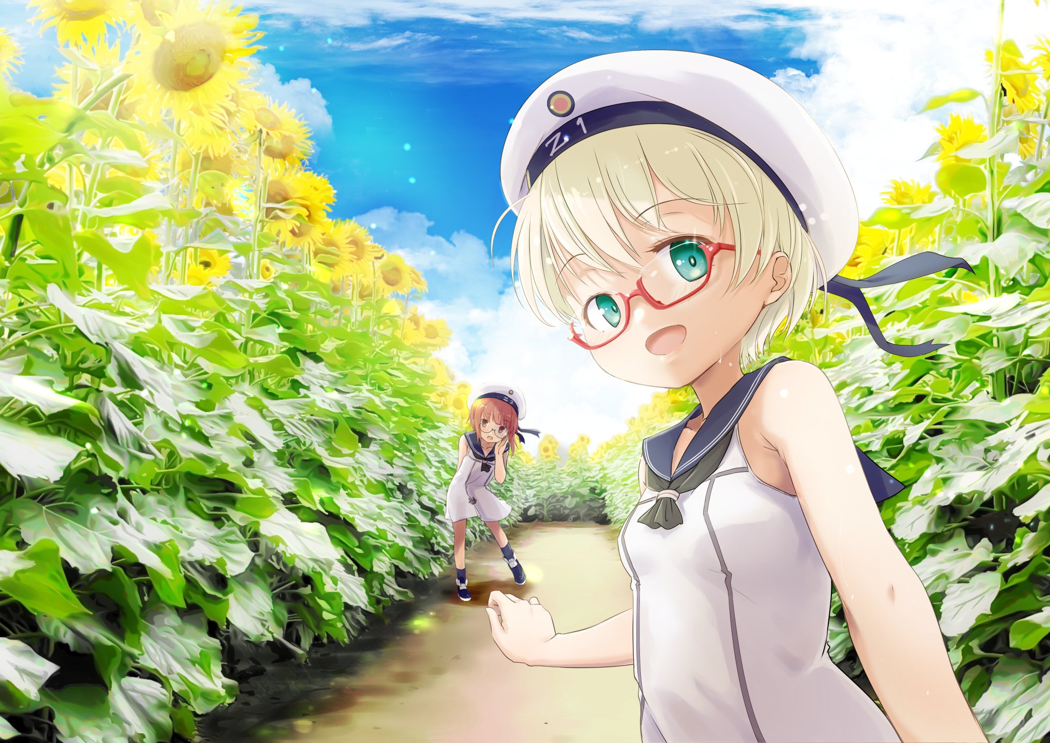 Safebooru - 2girls black neckerchief blonde hair blue sailor collar blue sky clouds day dress ...