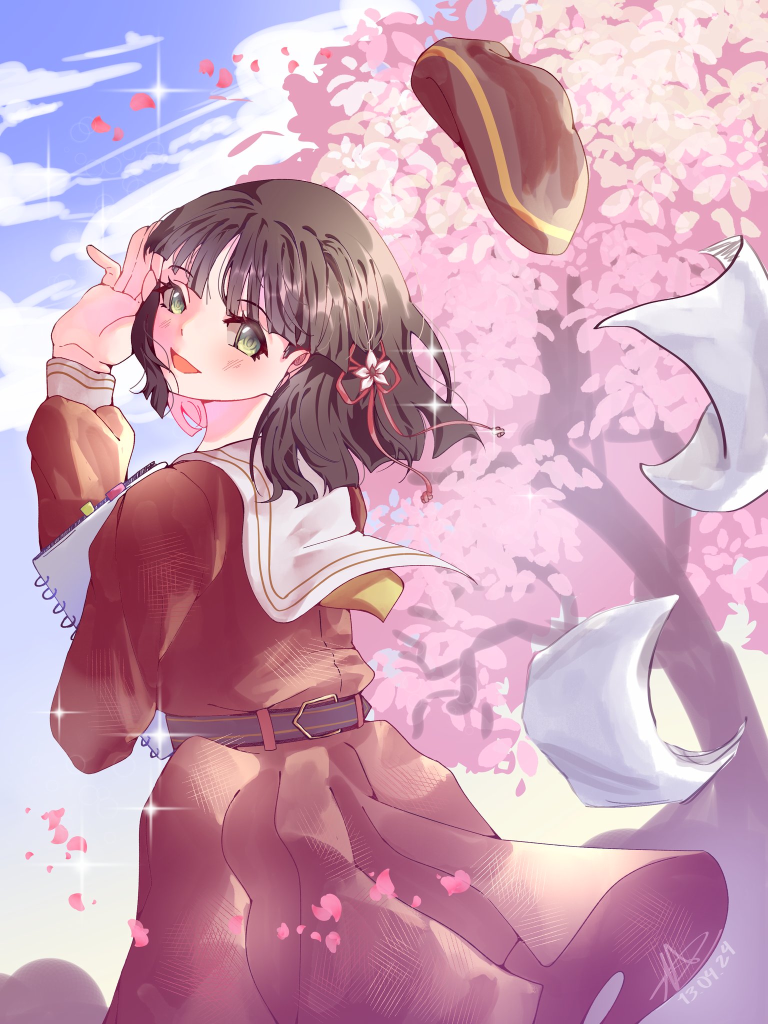 Safebooru - 1girl :d beret black hair black hat blue sky blunt bangs blunt ends blush brown ...