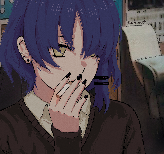 Safebooru - 1girl ayu mu00 between fingers black nails black sweater blue hair bocchi the rock ...