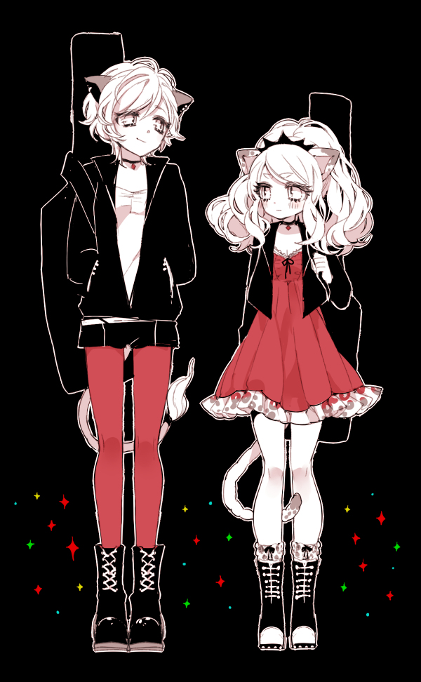 Safebooru - 2girls animal ear piercing animal ears black background black choker black footwear ...