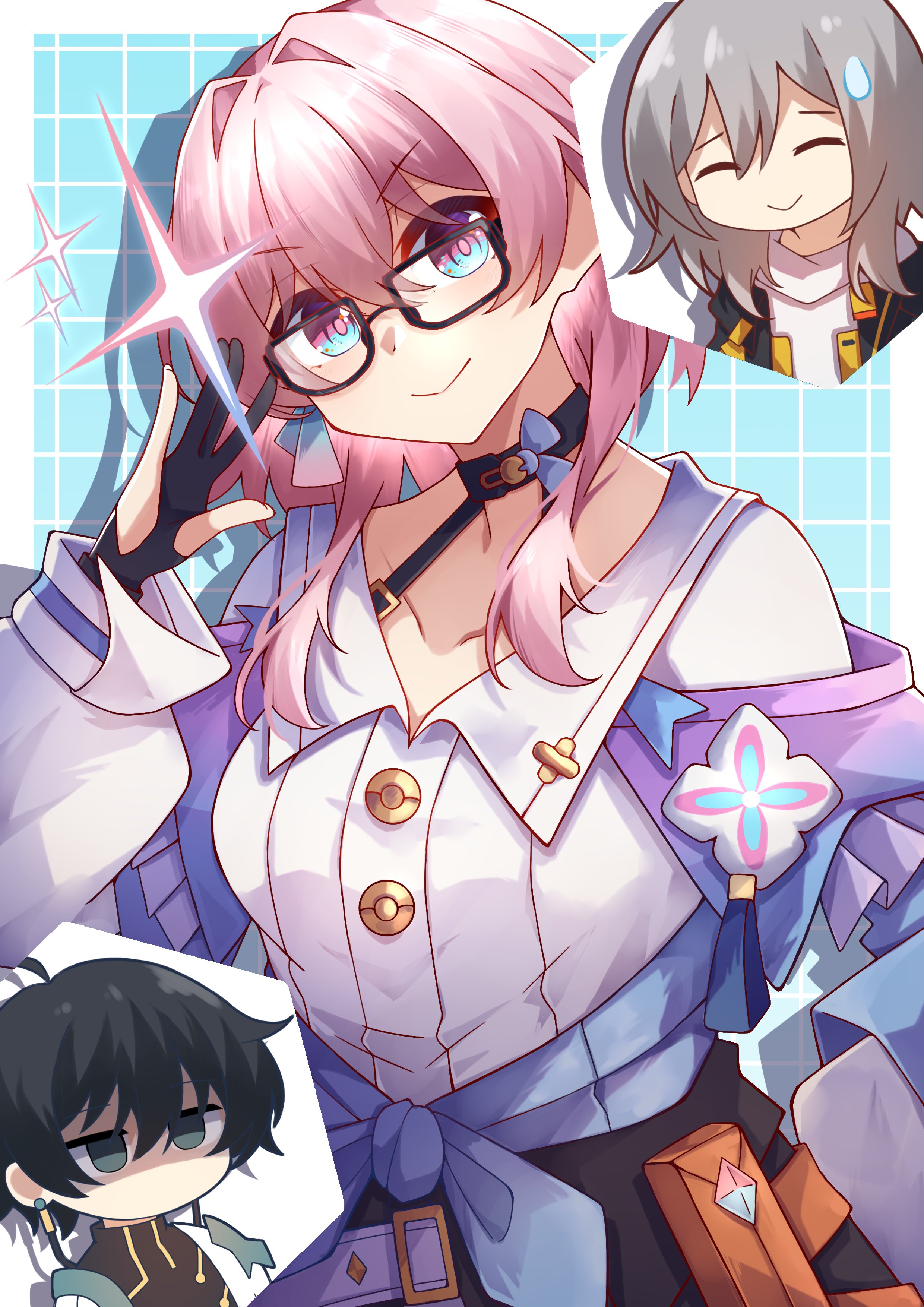 Safebooru - 1boy 2girls ^ ^ absurdres bespectacled black-framed eyewear black choker black hair ...