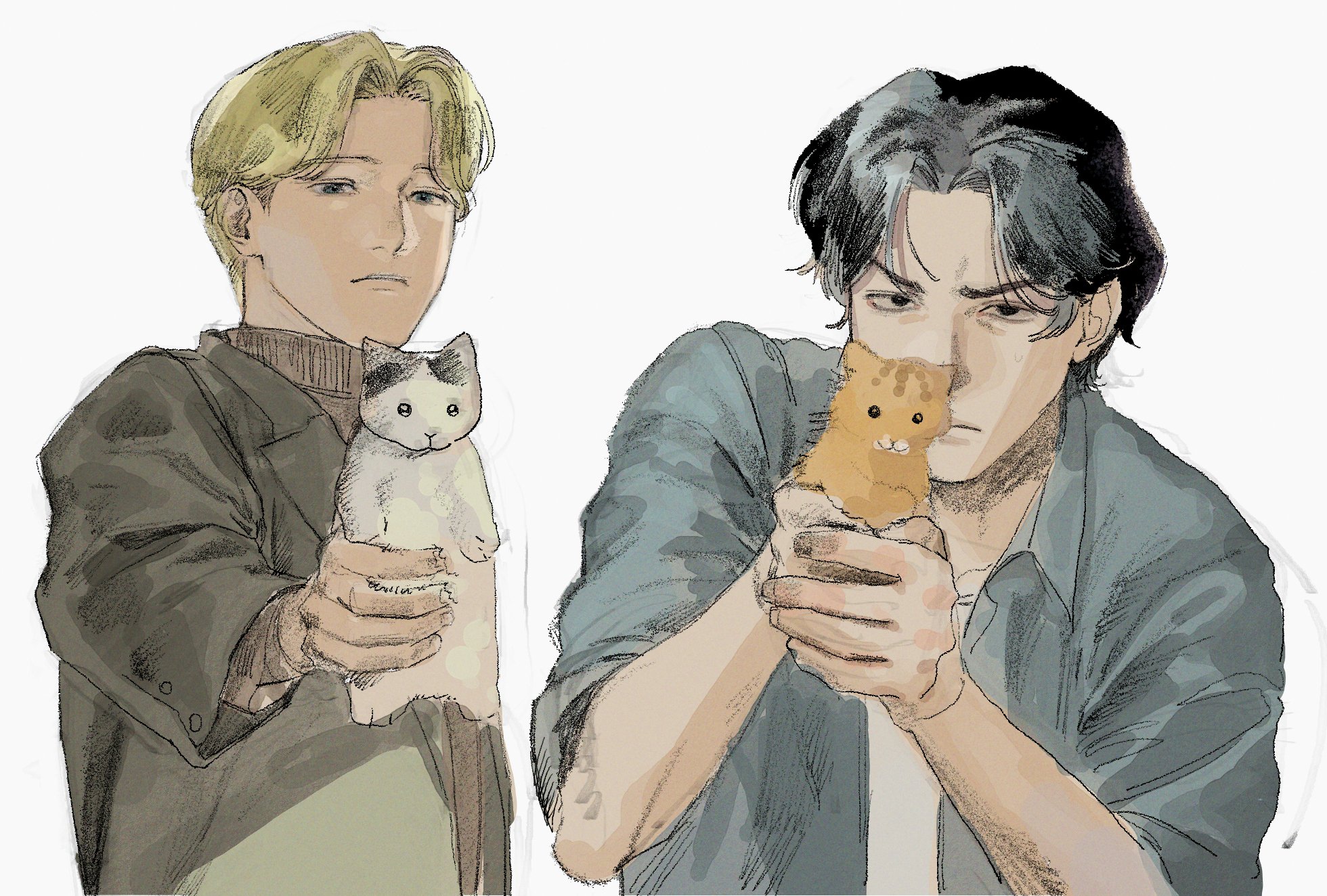 Safebooru - 2boys 99814070 animal black eyes black hair blonde hair ...