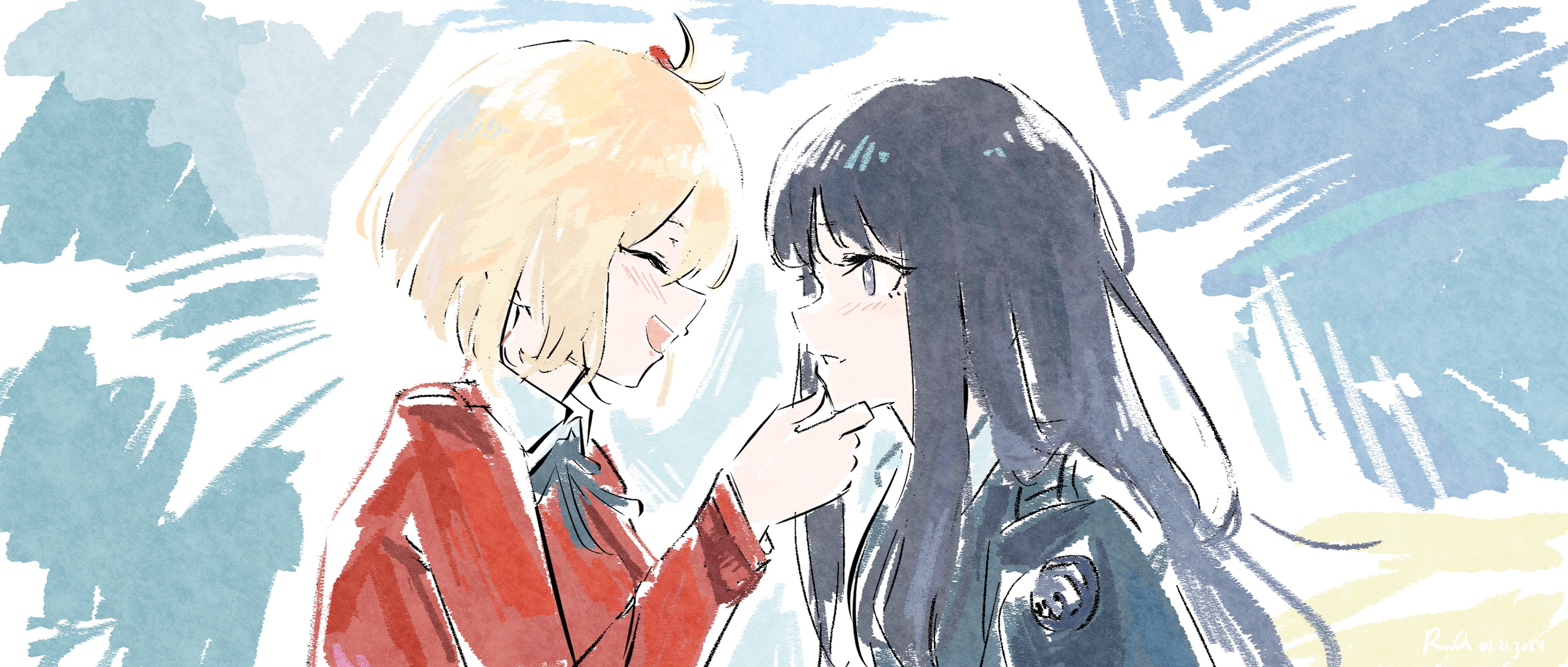 Safebooru - 2girls absurdres black hair blonde hair blue dress blue ribbon blush closed eyes ...