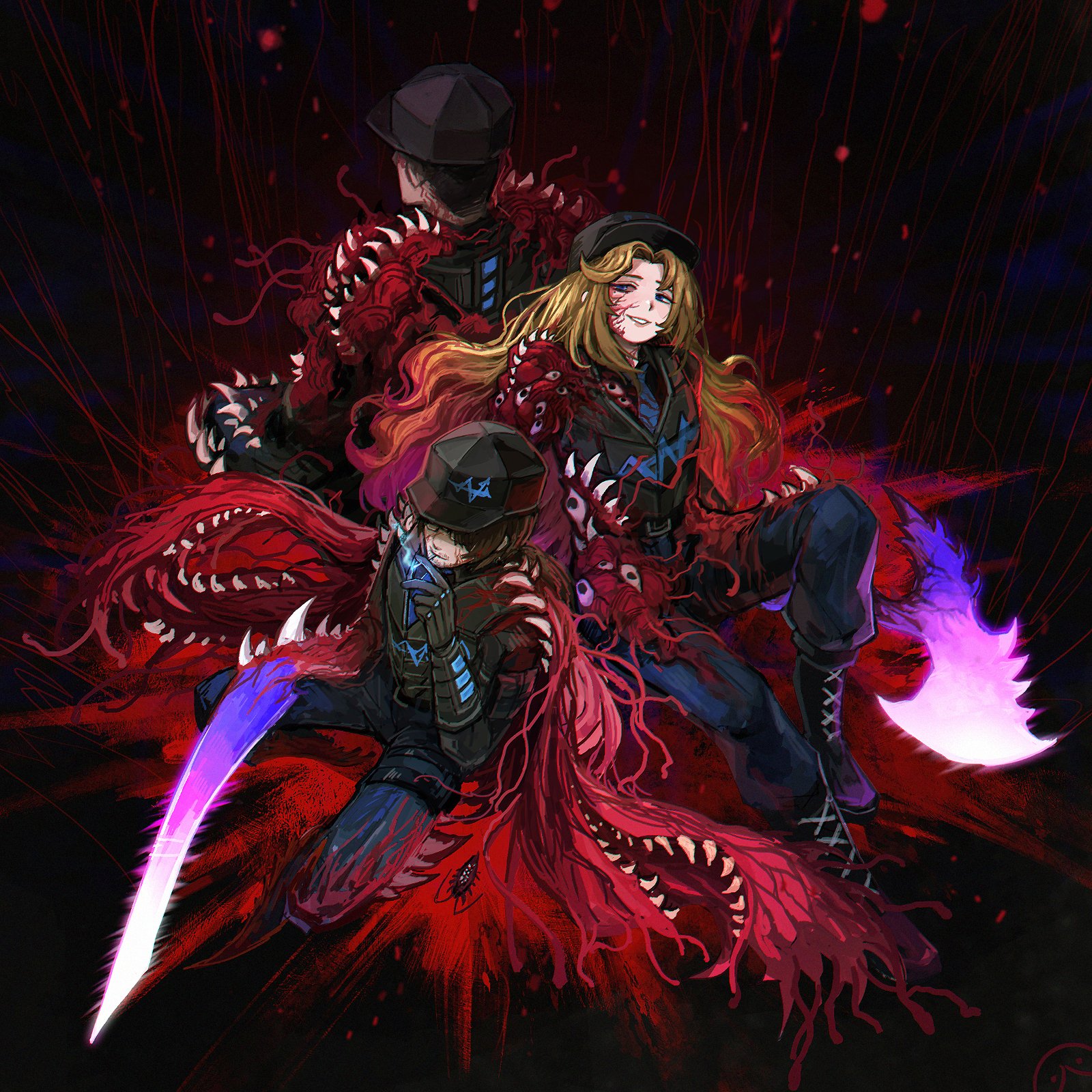 Safebooru - 1girl 2boys arthropod limbs axe baseball cap black footwear ...