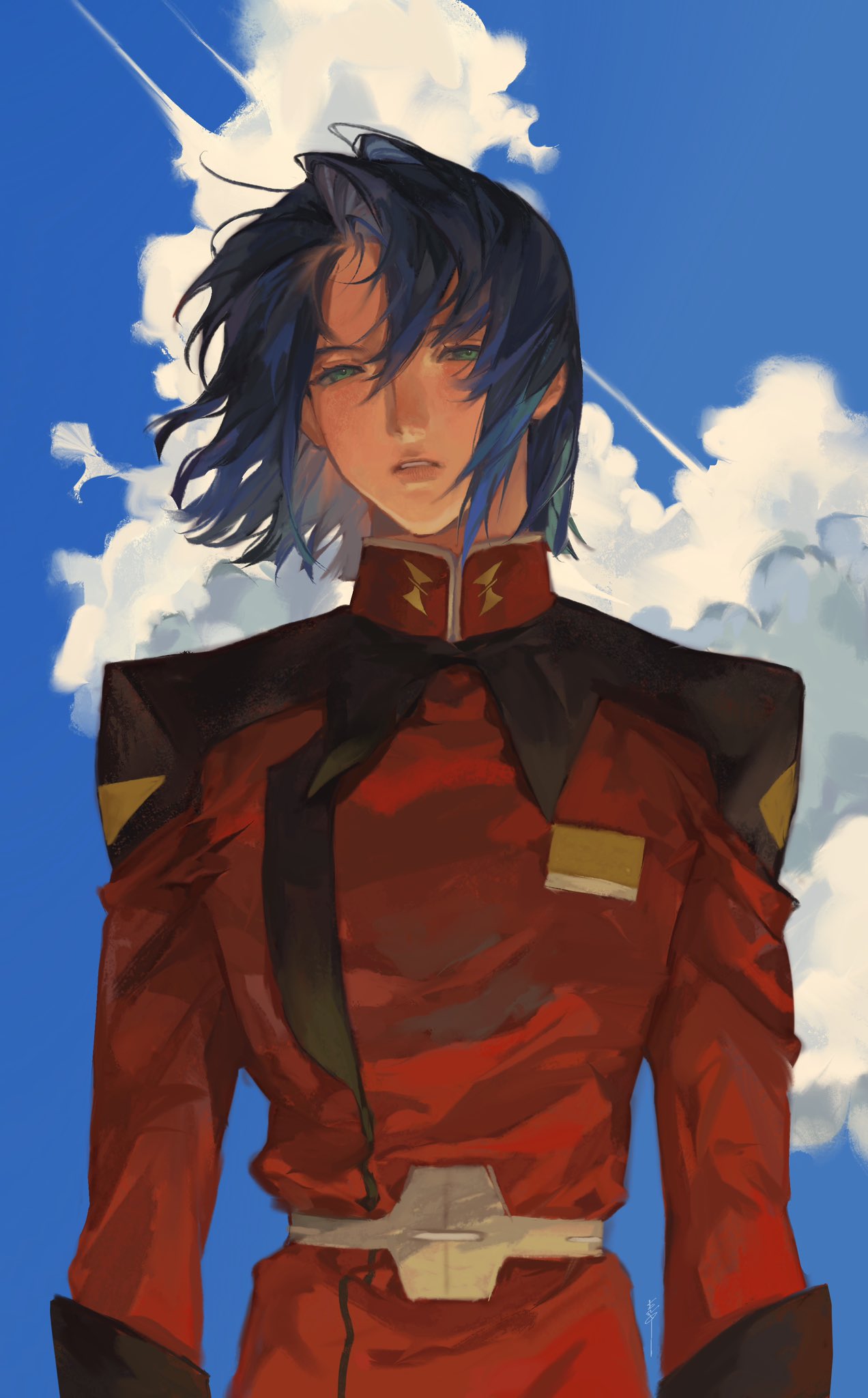Safebooru - 1boy athrun zala belt blue hair blue sky clouds cloudy sky ...