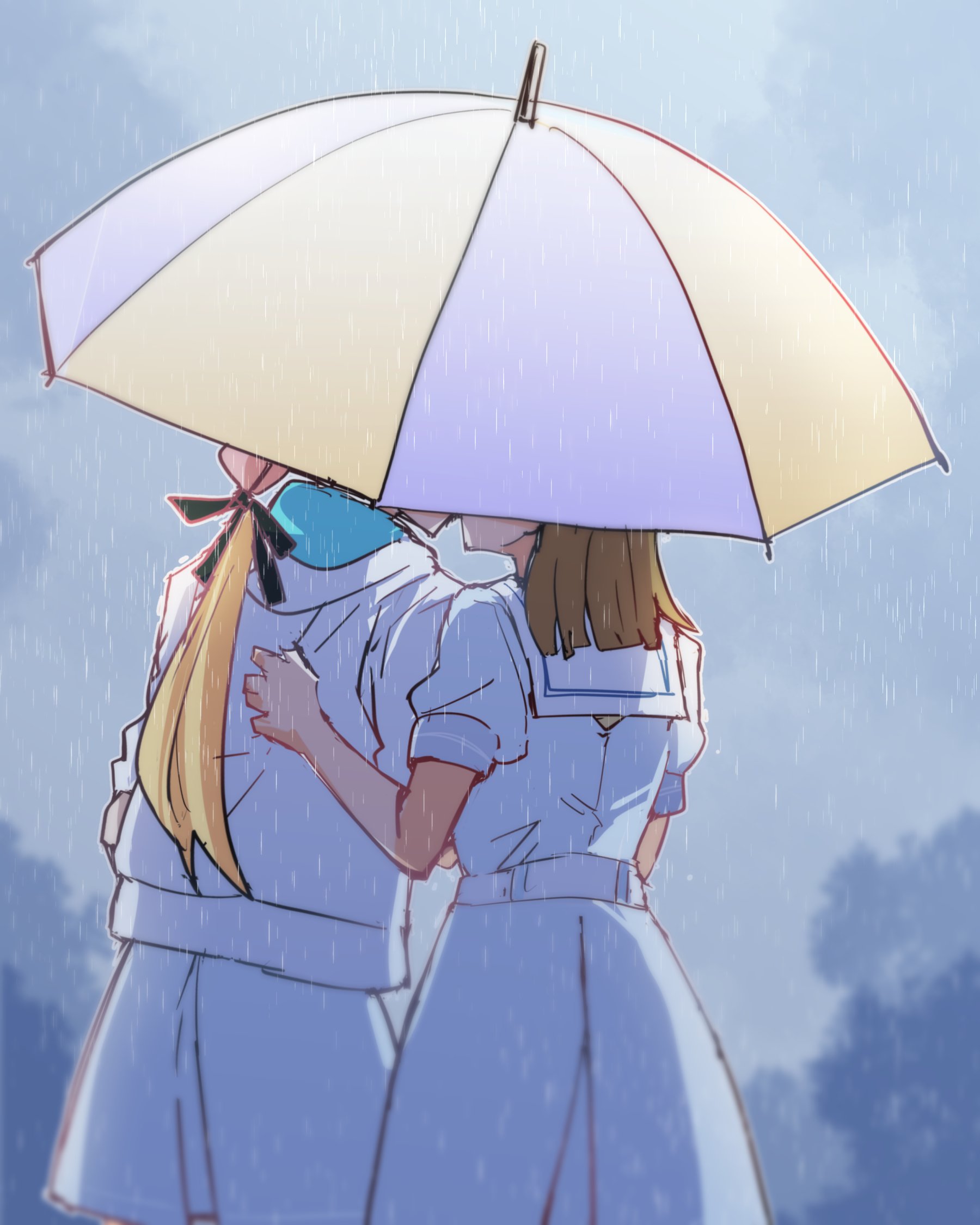 Safebooru - 2girls anyoji hime black ribbon blonde hair blurry blurry background brown hair ...