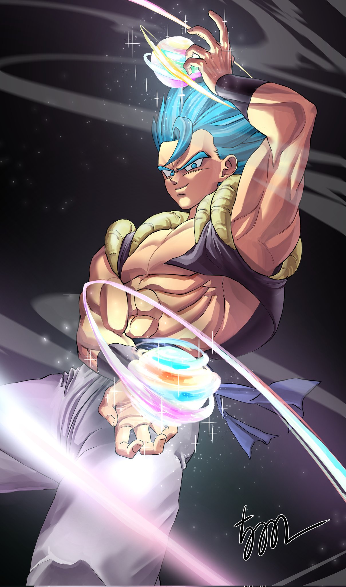 Safebooru - 1boy 5002 bus abs arm up black background blue eyes blue ...