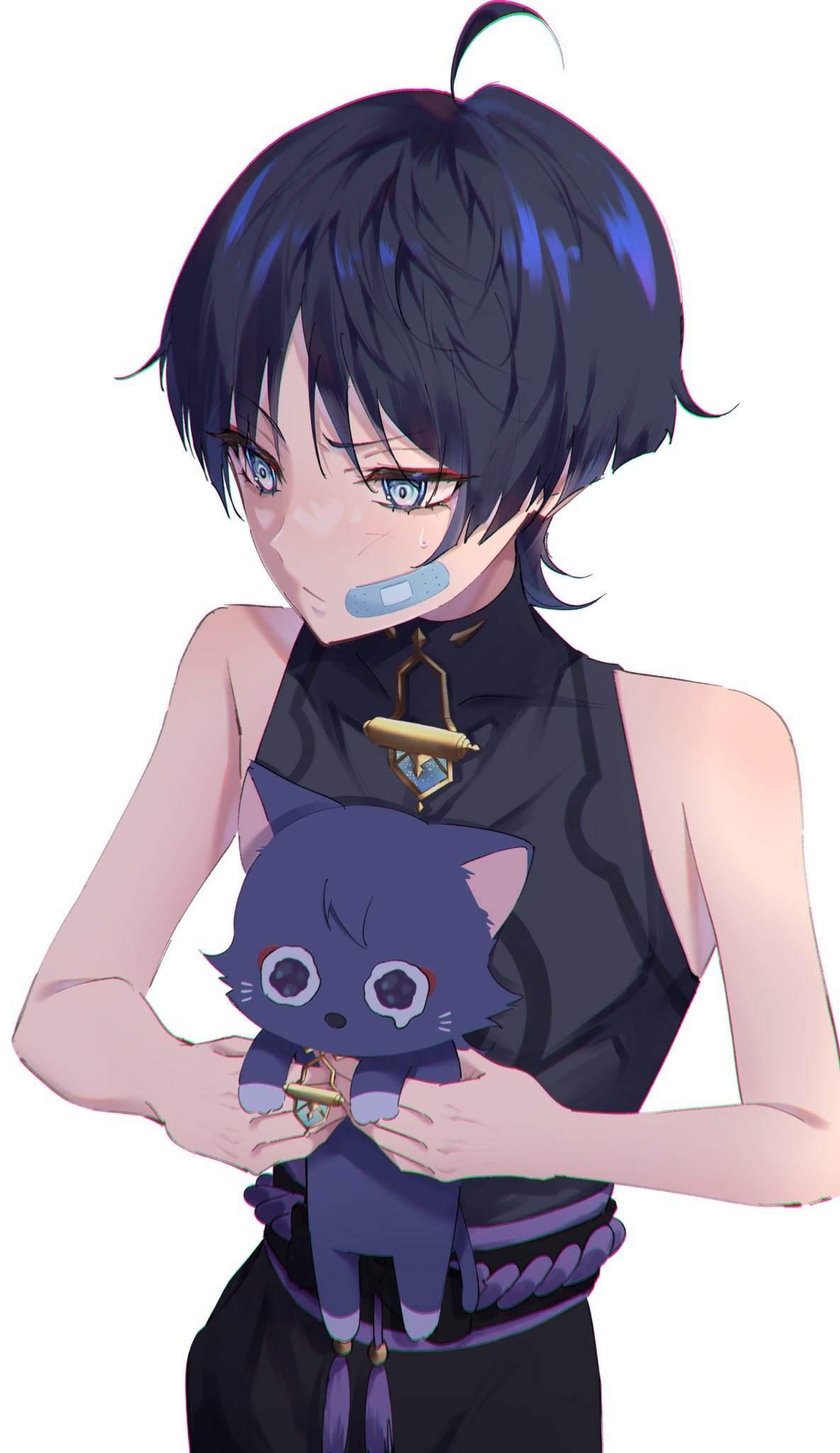 Safebooru - 1boy 5656hayururi ahoge animal armpit crease bandaid bandaid on face bare shoulders ...
