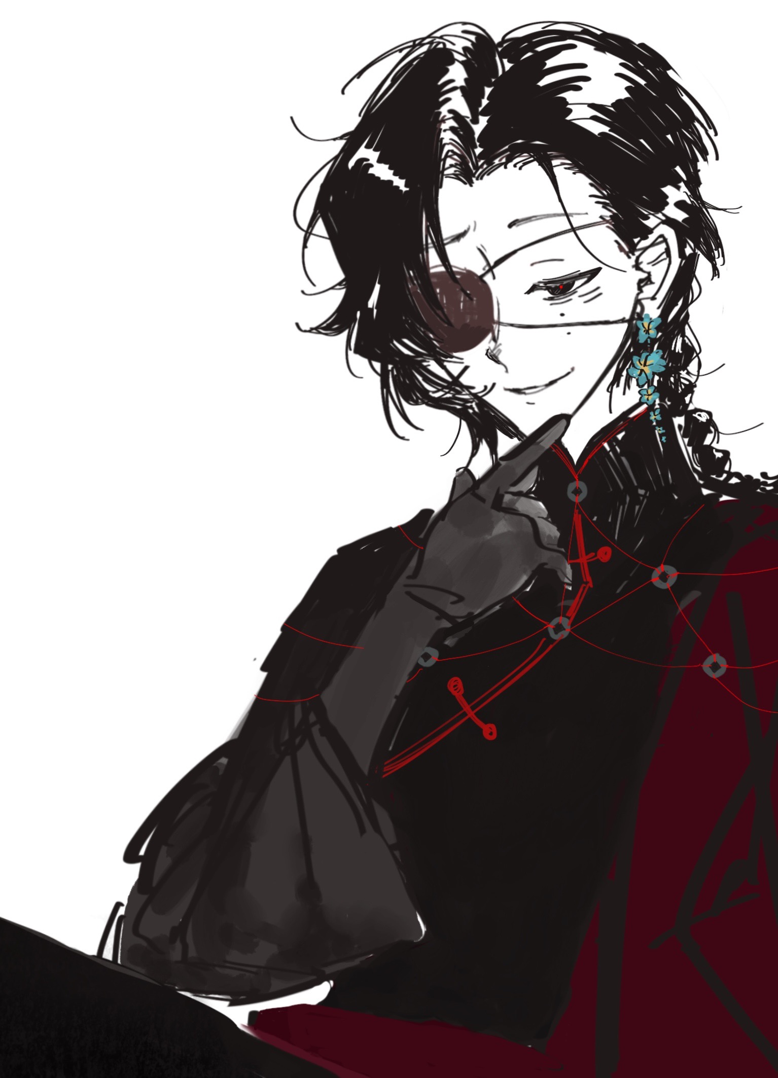 Safebooru - 1boy black gloves black hair black shirt chinese commentary chu yujun closed mouth ...