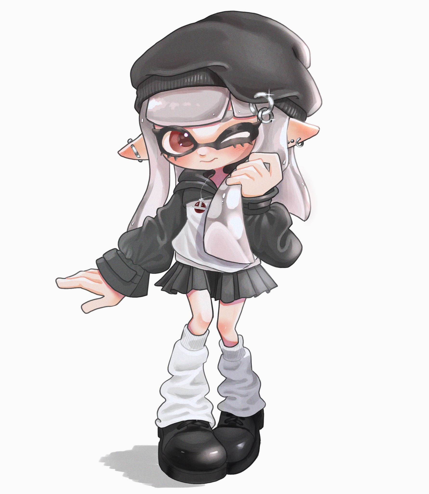 Safebooru - 1girl black footwear black hat black hoodie black skirt closed mouth commentary ear ...