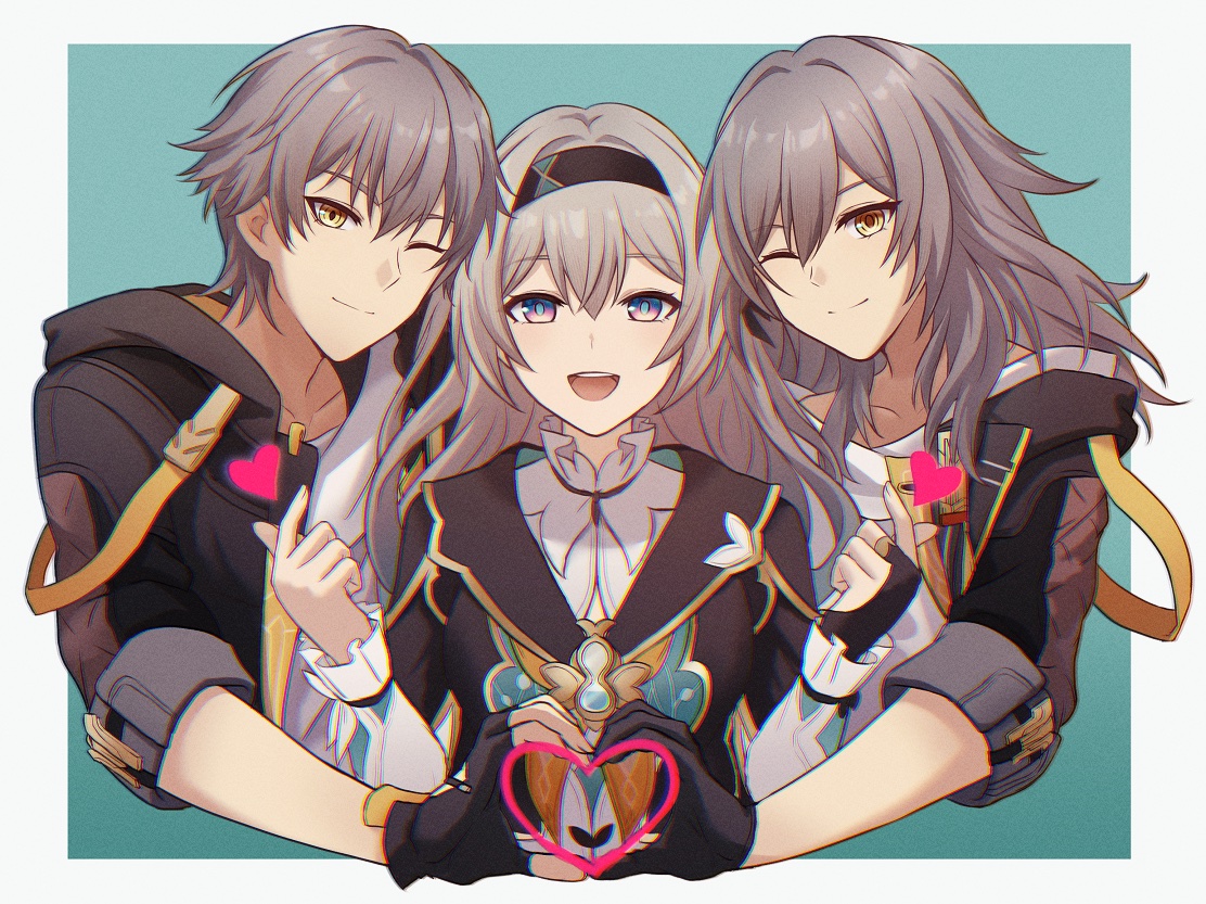 Safebooru - 1boy 2girls :d black coat black gloves black hairband caelus (honkai: star rail ...