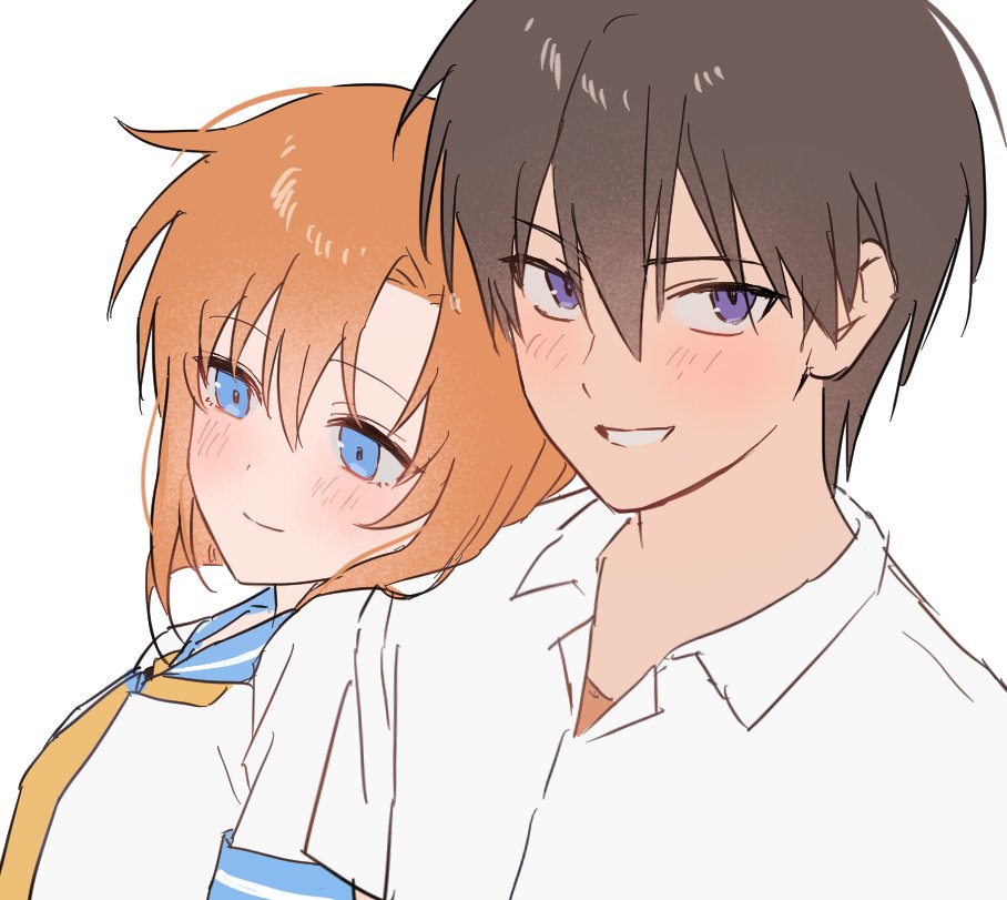 Safebooru - 1boy 1girl :d blue eyes blue sailor collar blunt ends blush bob cut brown hair close ...