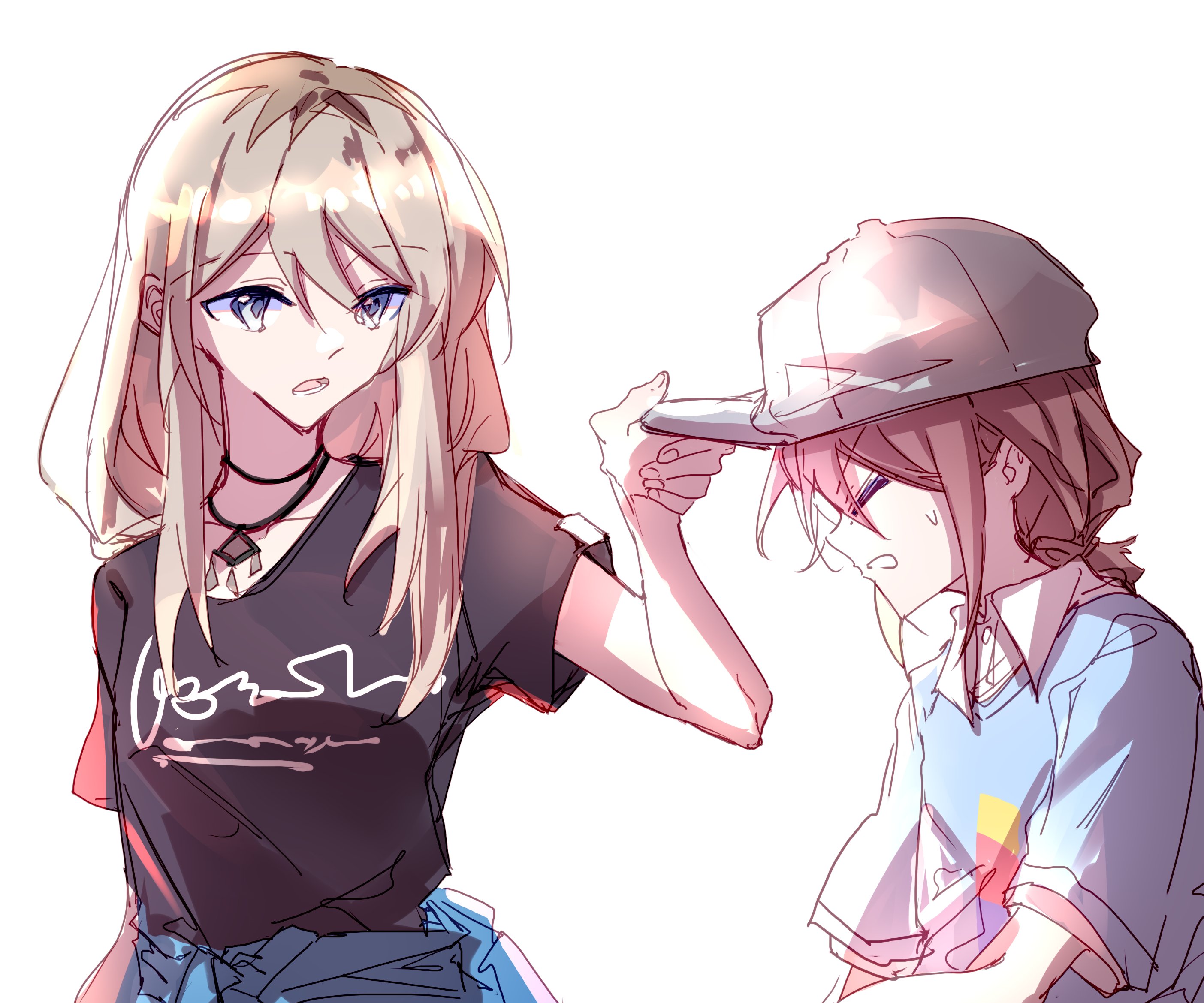 Safebooru - 2girls adjusting clothes adjusting headwear baseball cap black shirt blue shirt ...