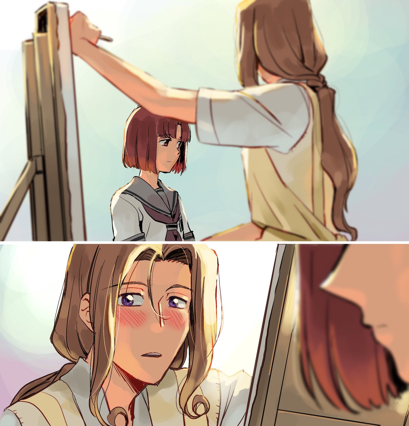 Safebooru - 1boy 1girl apron blush bob cut brown hair easel hetero highres long hair looking at ...