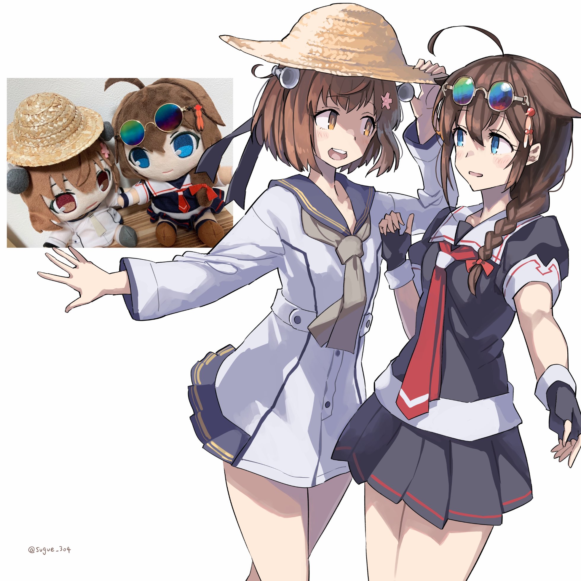 Safebooru - 2girls ahoge black gloves black sailor collar black serafuku black skirt blue eyes ...