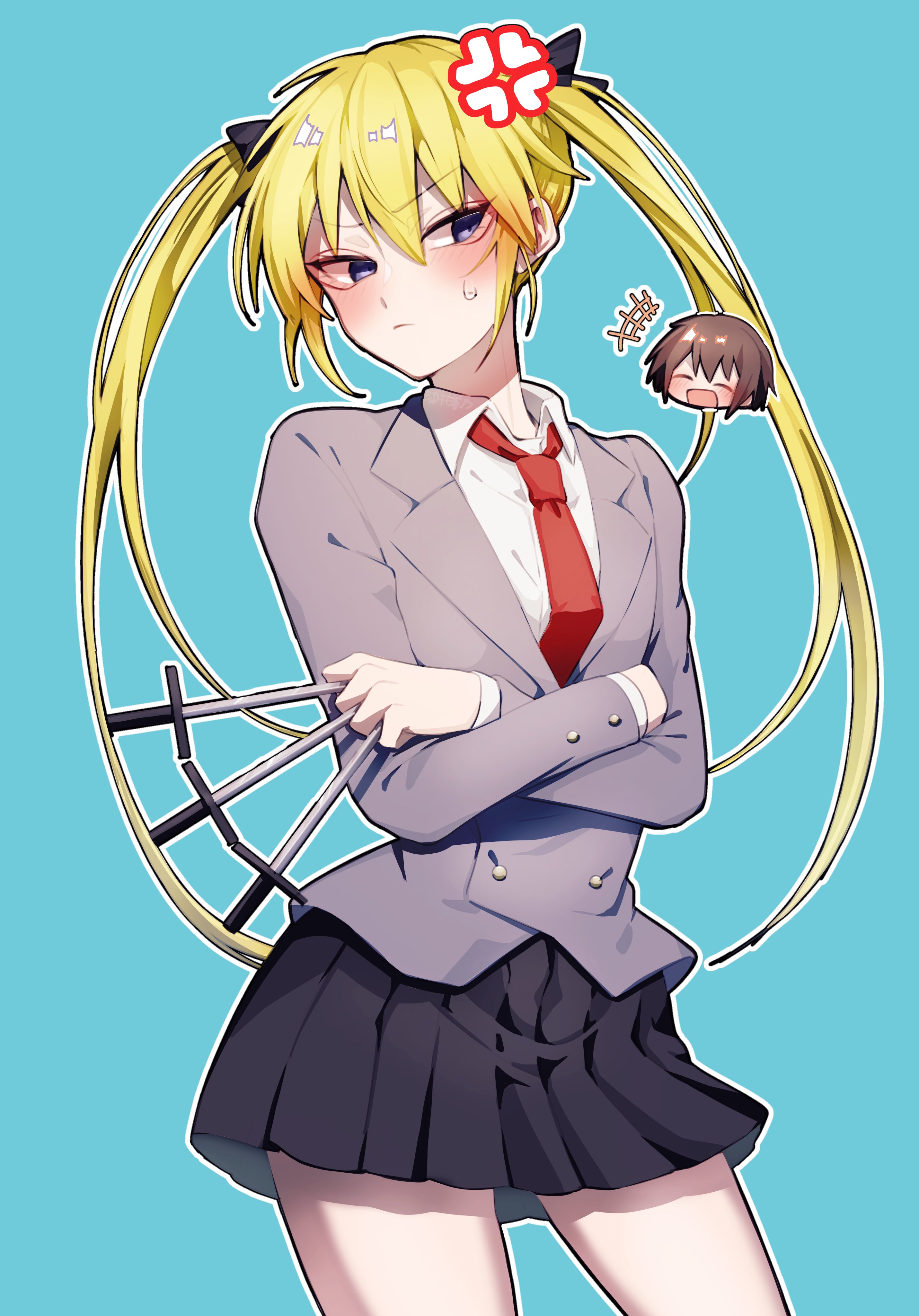 Safebooru - 2girls :d absurdres anger vein between fingers blazer blonde hair blue hair blush ...