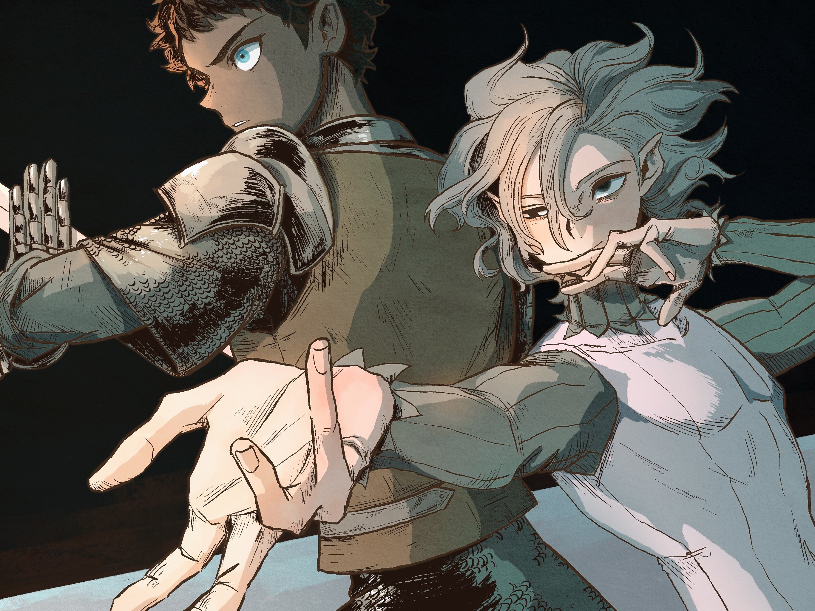 Safebooru - 2boys armor arms up back-to-back bags under eyes black background black eyes black ...