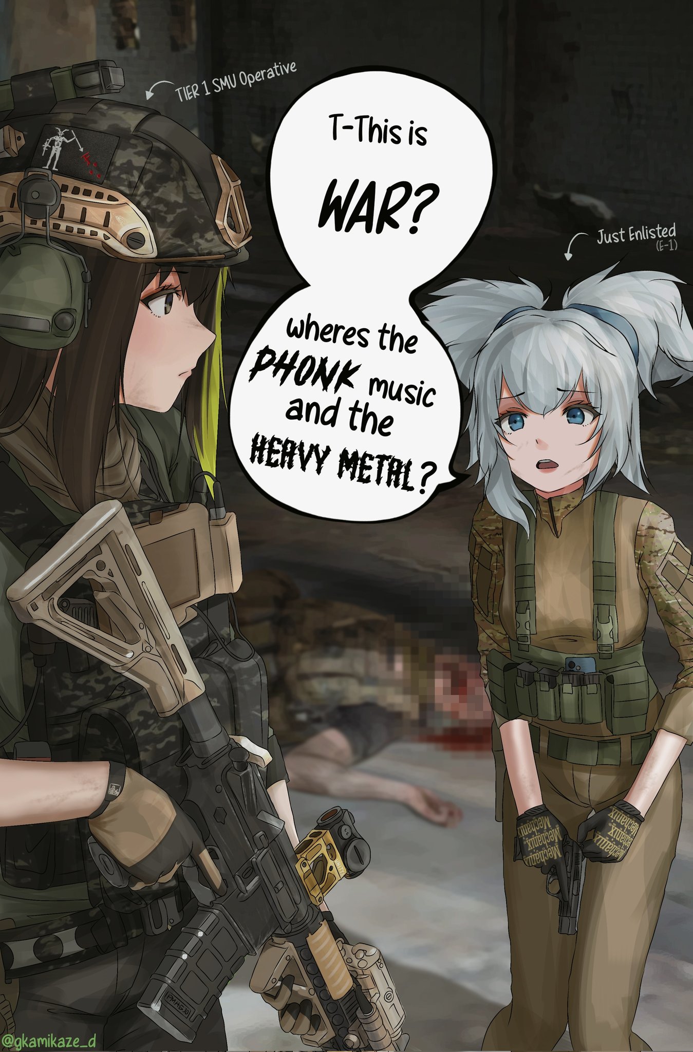 Safebooru - 2girls aimpoint artist name assault rifle bandana bandana around neck blood blue ...