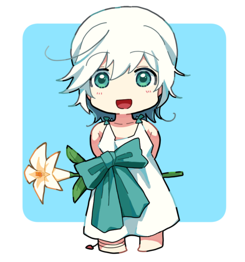 Safebooru - 1girl :d arms behind back blue background border bow chibi ...