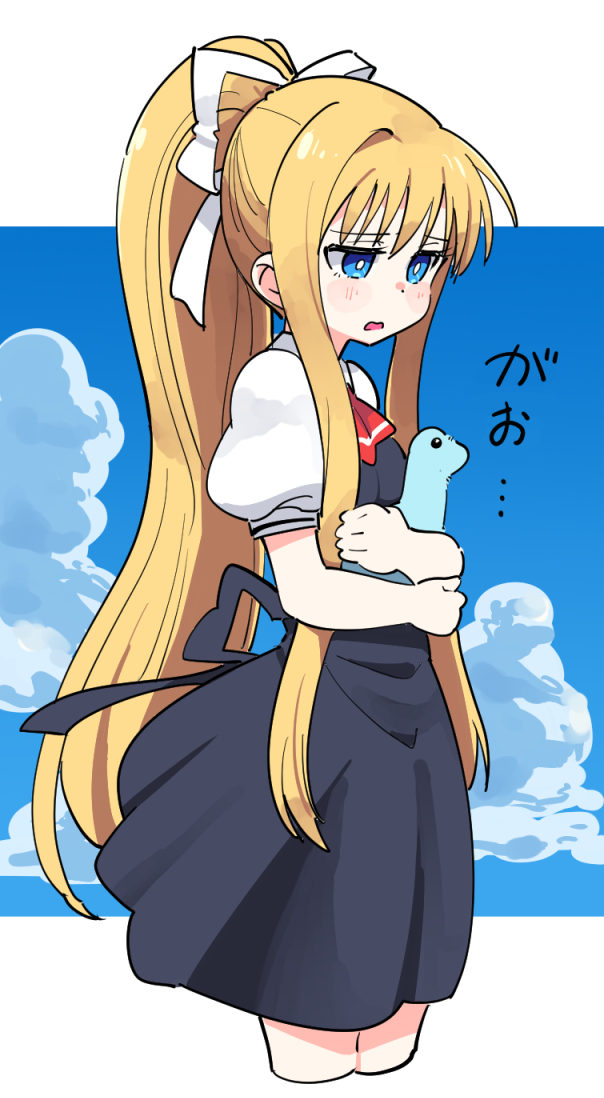 Safebooru - 1girl air (visual novel) black dress blonde hair blue eyes blush clouds cropped legs ...