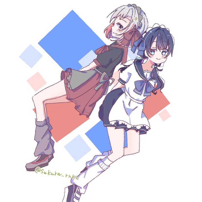 Safebooru - 2girls :> alternate costume apron arms behind back black sailor collar black shirt ...