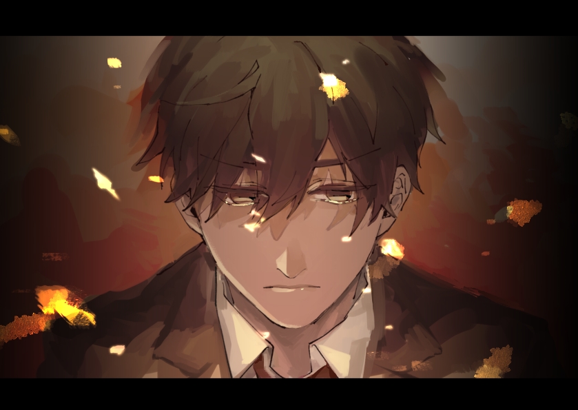 Safebooru - 1boy :| black jacket brown eyes brown hair closed mouth collared shirt hair between ...