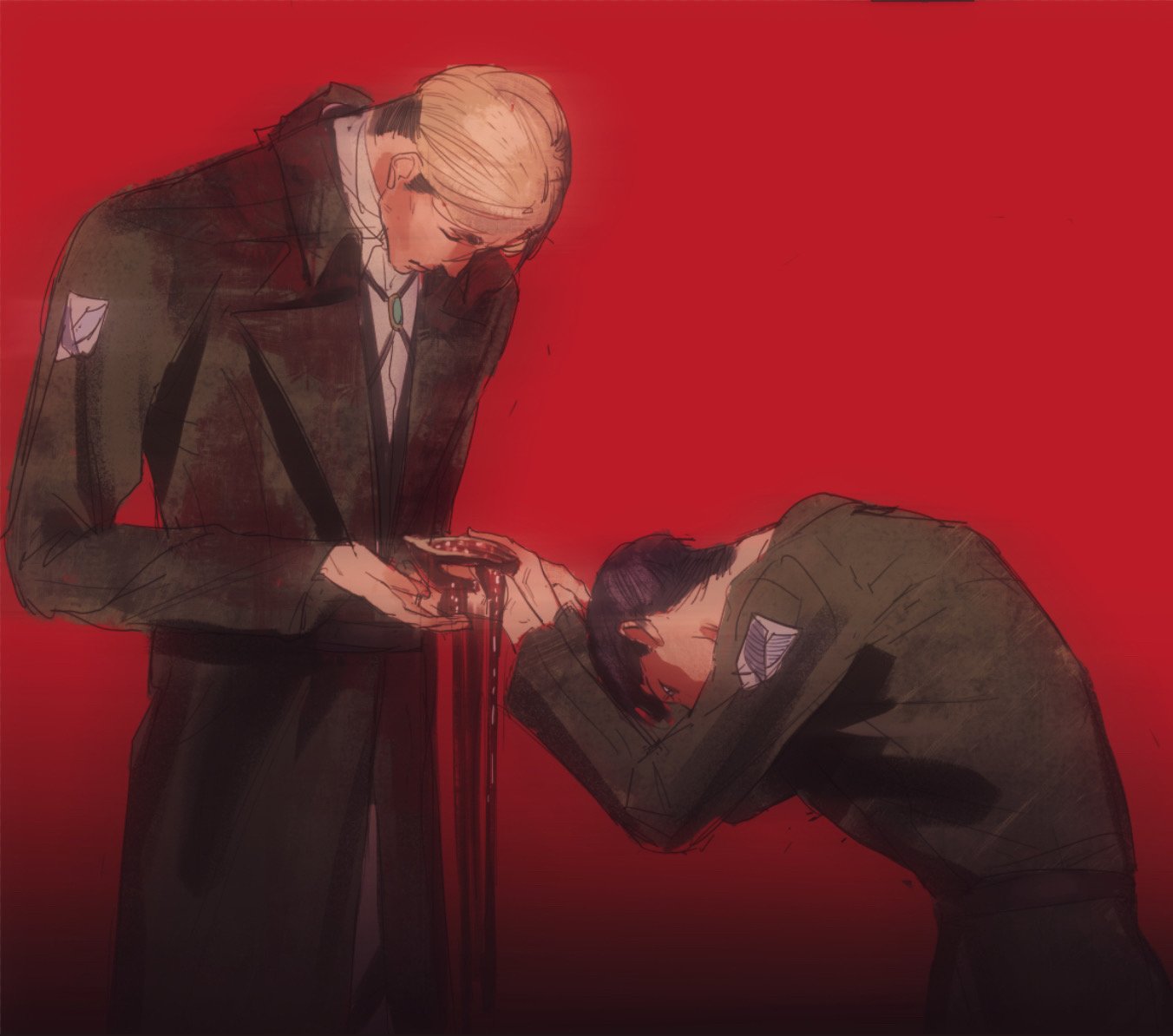 Safebooru - 2boys black hair bleeding blonde hair blood bowing cowboy shot erwin smith food ...