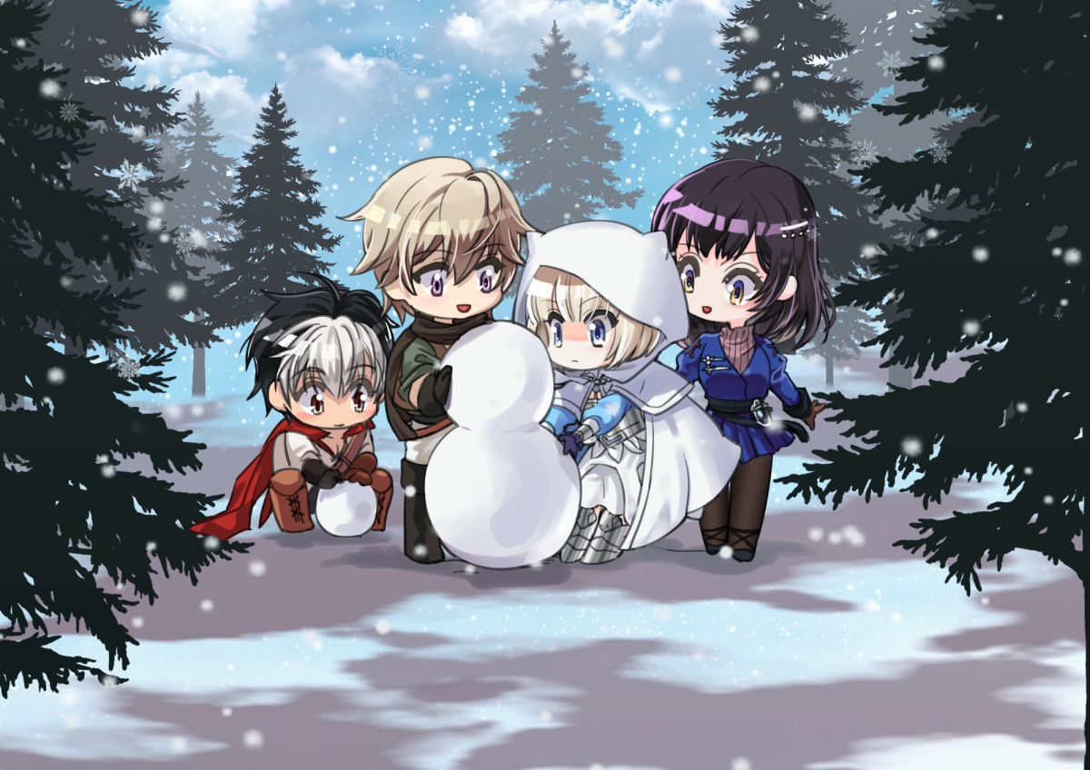 Safebooru - 2boys 2girls armor black cape black footwear black hair black thighhighs blonde hair ...