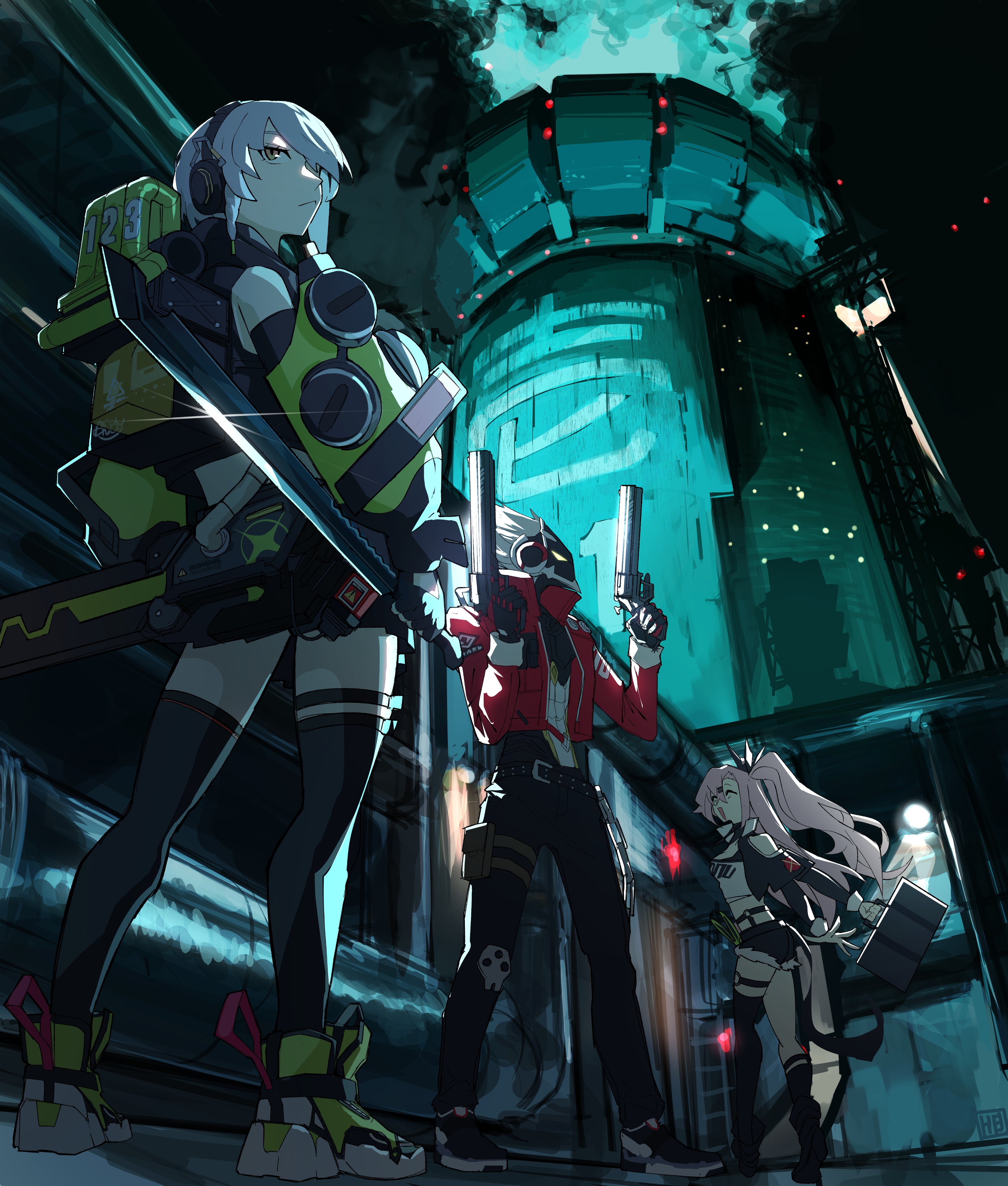 Safebooru - 1boy 2girls absurdres anby demara belt billy kid black headphones black pants black ...