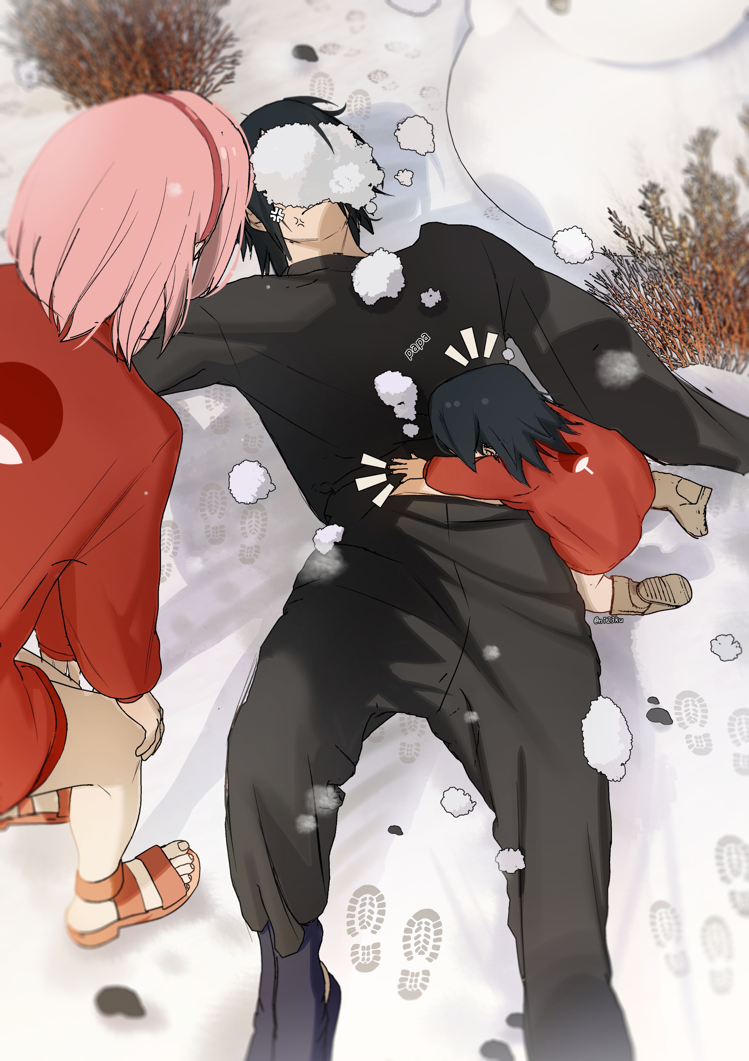 Safebooru - 1boy 2girls absurdres amputee anger vein black hair black pants black sweater boruto ...