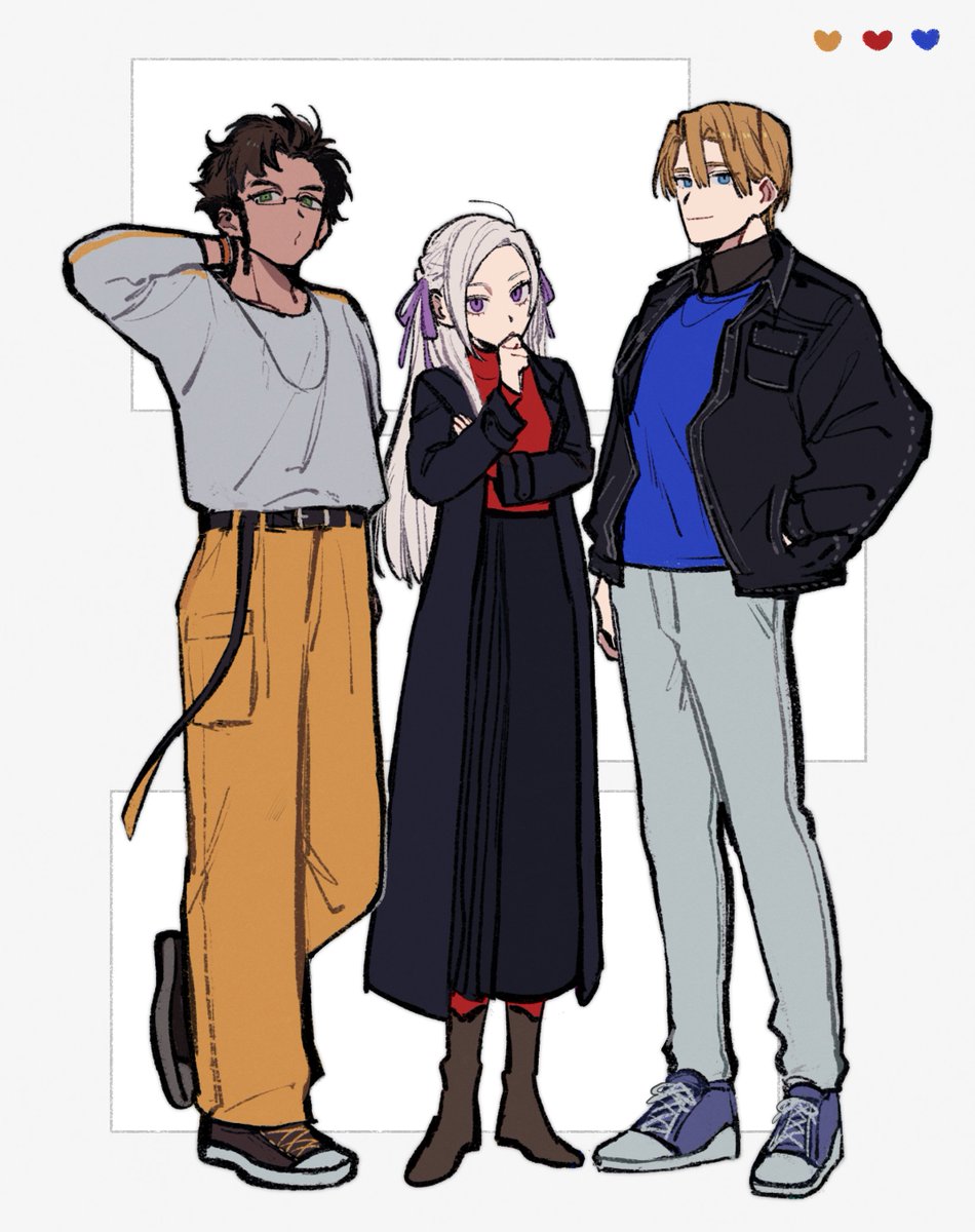 Safebooru - 1girl 2boys arm up belt belt buckle black-framed eyewear black belt black coat black ...