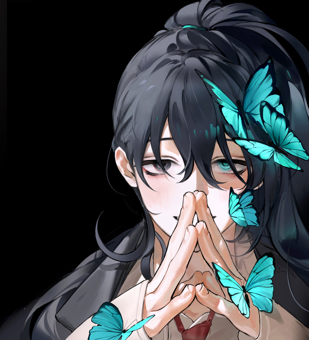 Safebooru - 1boy black background black eyes black hair black jacket blue eyes blush bug ...