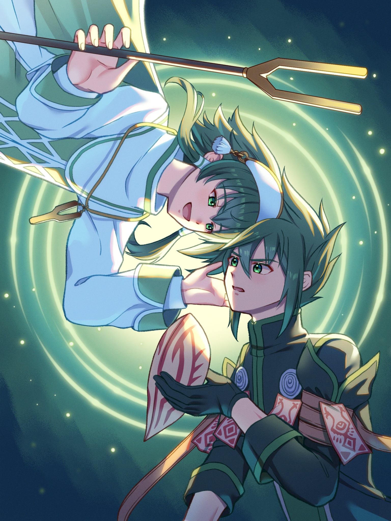 Safebooru - 2boys :d ch1emon i commentary request green background ...