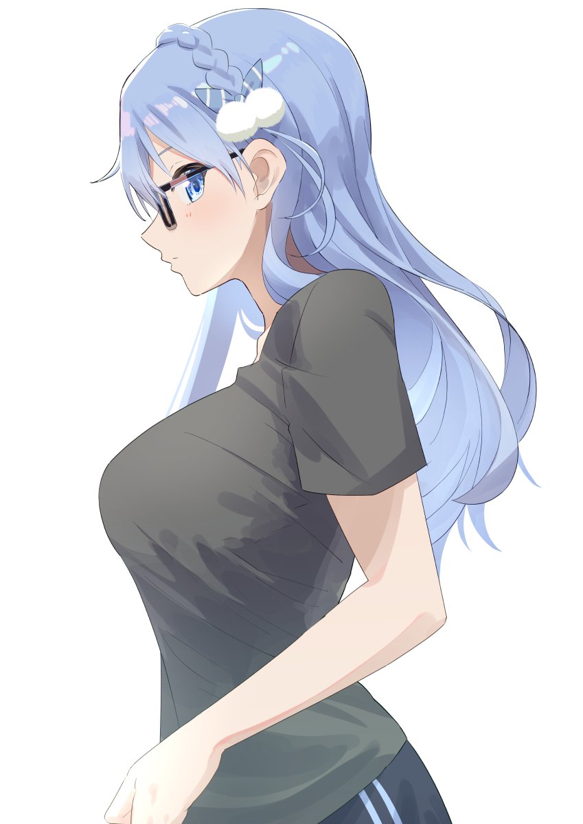 Safebooru - 1girl 22/7 black-framed eyewear black shirt black track suit blue eyes blue hair ...