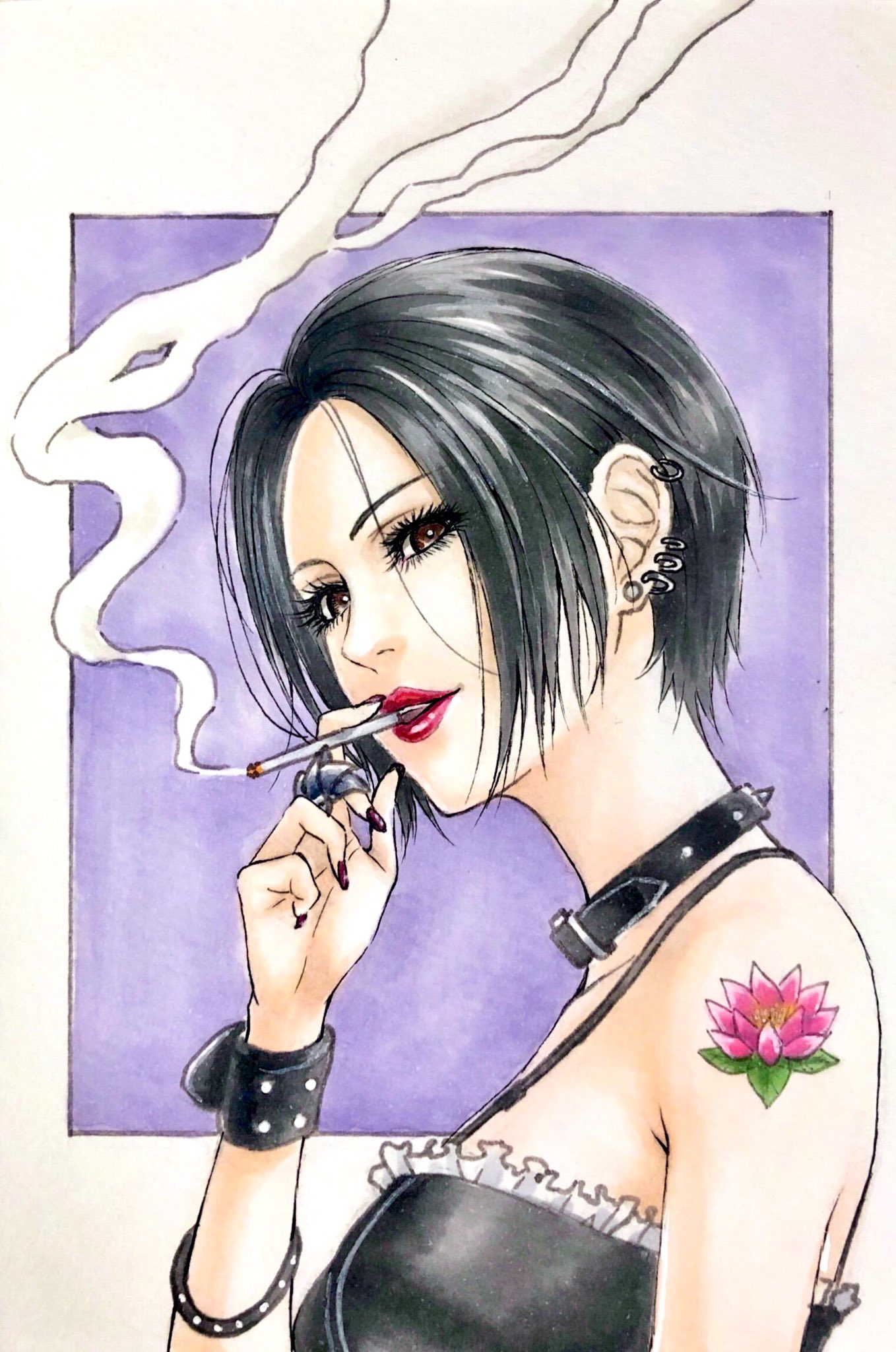 Safebooru - 1girl arm tattoo black choker black hair black nails bracelet breasts brown eyes ...