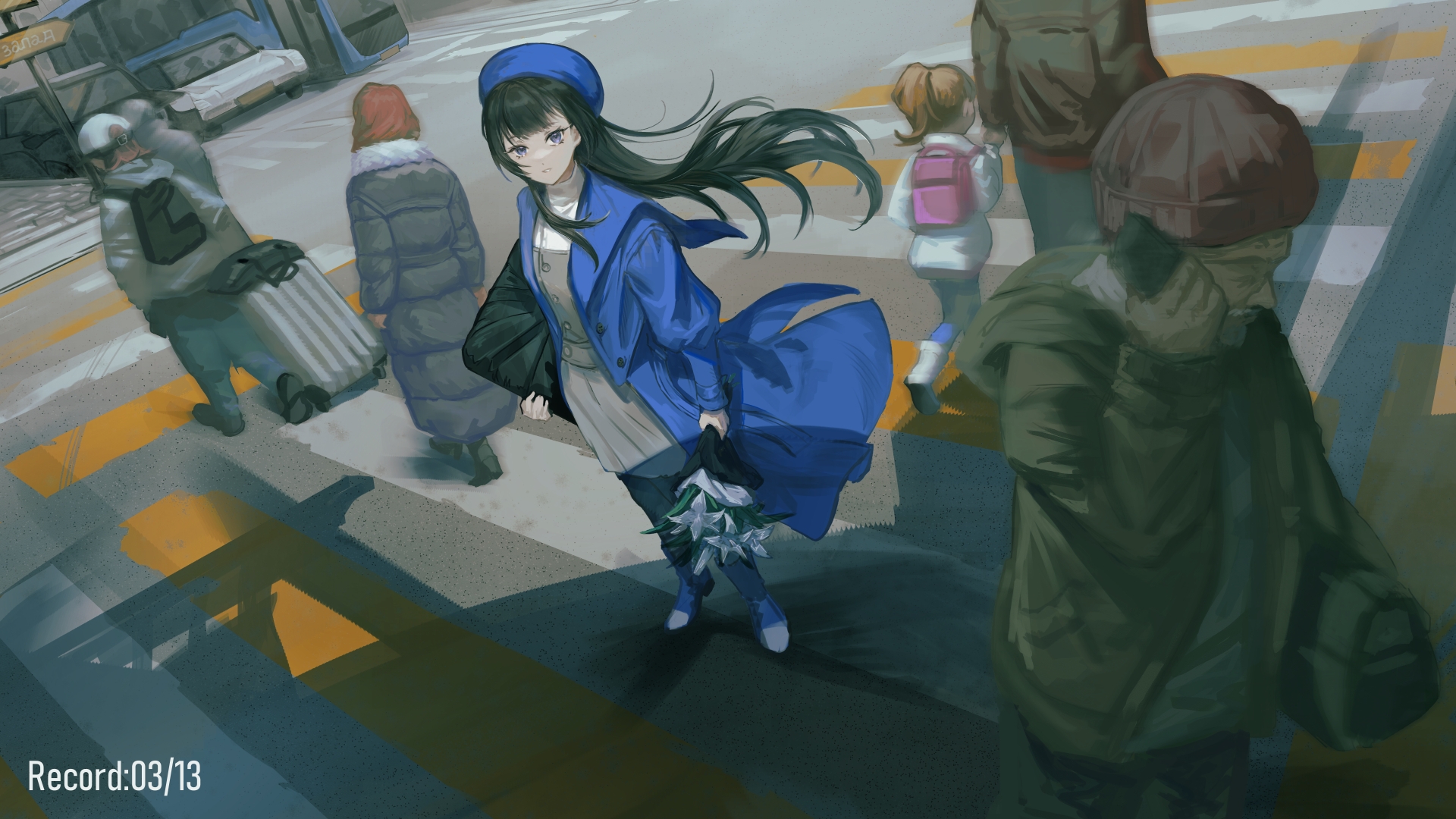 Safebooru - 1girl asukayou black hair blue coat blue footwear blue hat bouquet bus car center ...